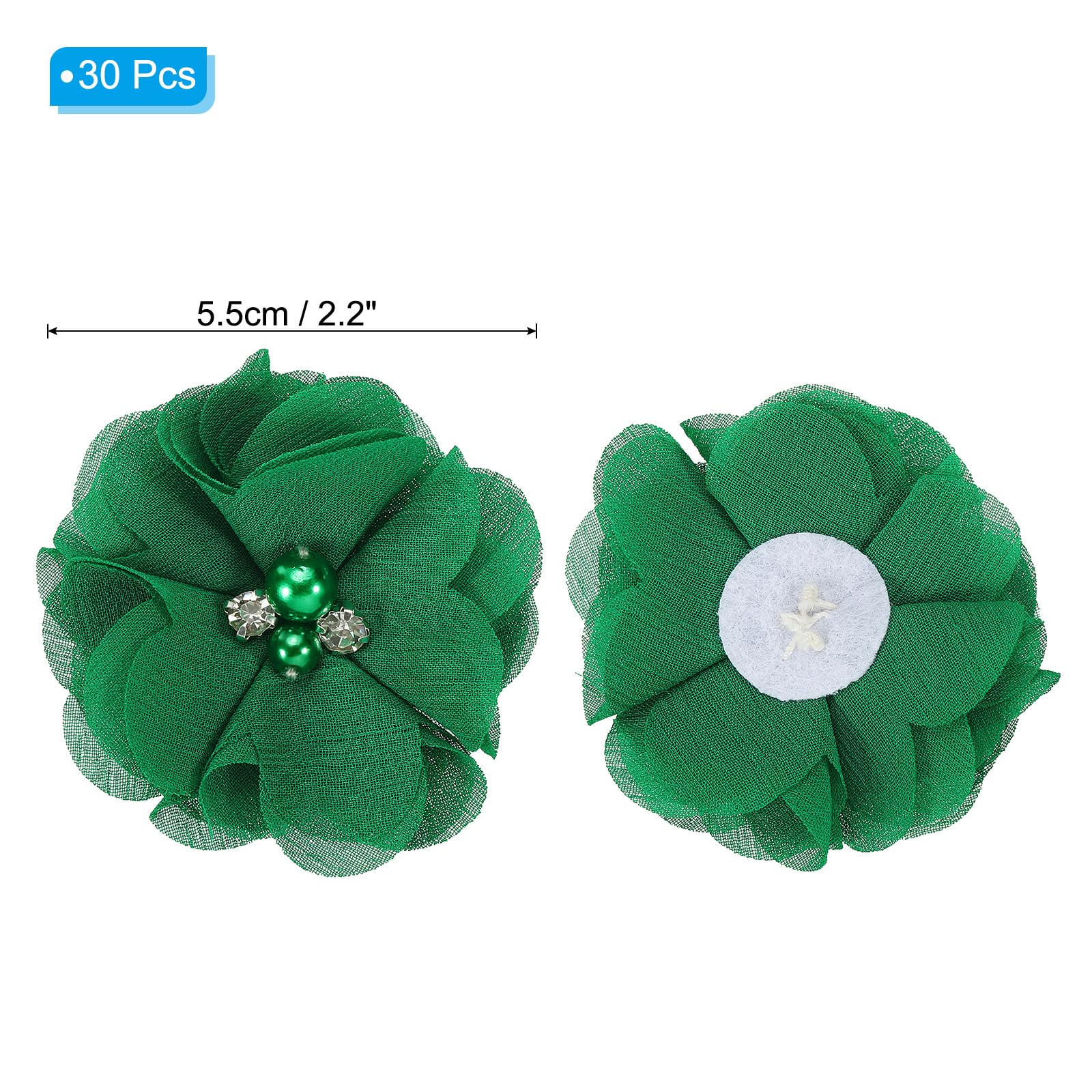 PATIKIL 2" Chiffon Flowers, 30Pcs Fabric Flowers Sewing Appliques Embellishments with Rhinestone Pearl for DIY Crafts Wedding Headbands Party Decoration, Green