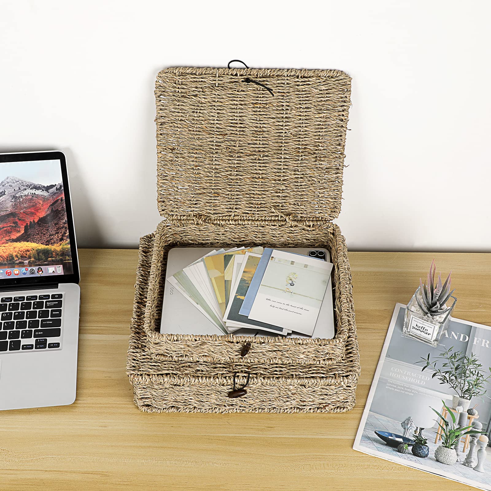Hipiwe Set of 2 Flat Wicker Baskets Bins with Lid Handwoven Seagrass Storage Baskets Box Multipurpose Shelf Basket Bin Home Organizer Basket for Shelf Closet