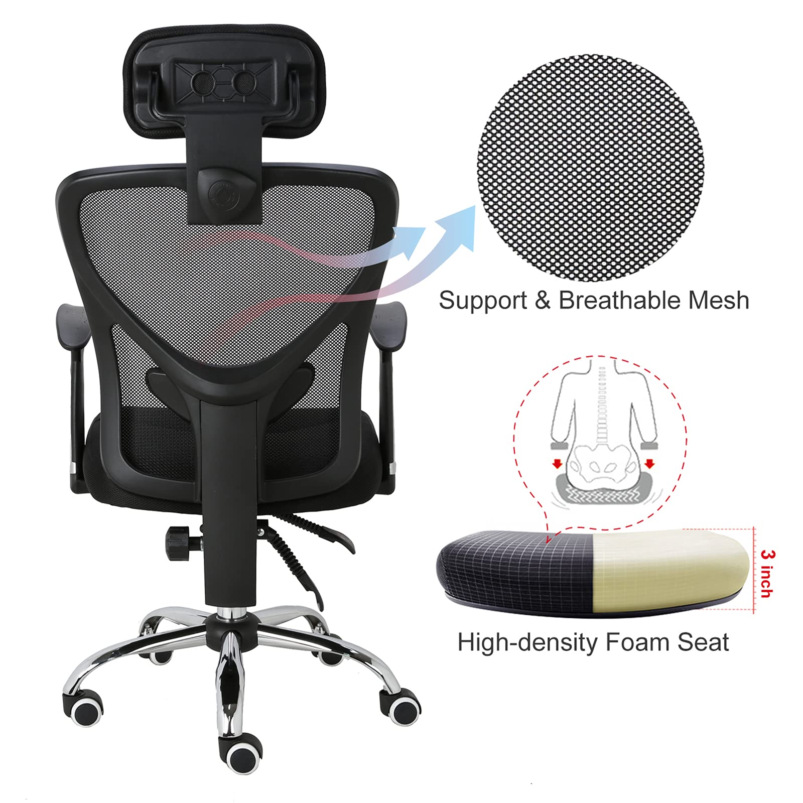 HOMEFUN Ergonomic Mesh Office Chair, Adjustable Computer Desk Chair with Headrest Comfortable Backrest Task Chair Swivel Rolling Chair, Black