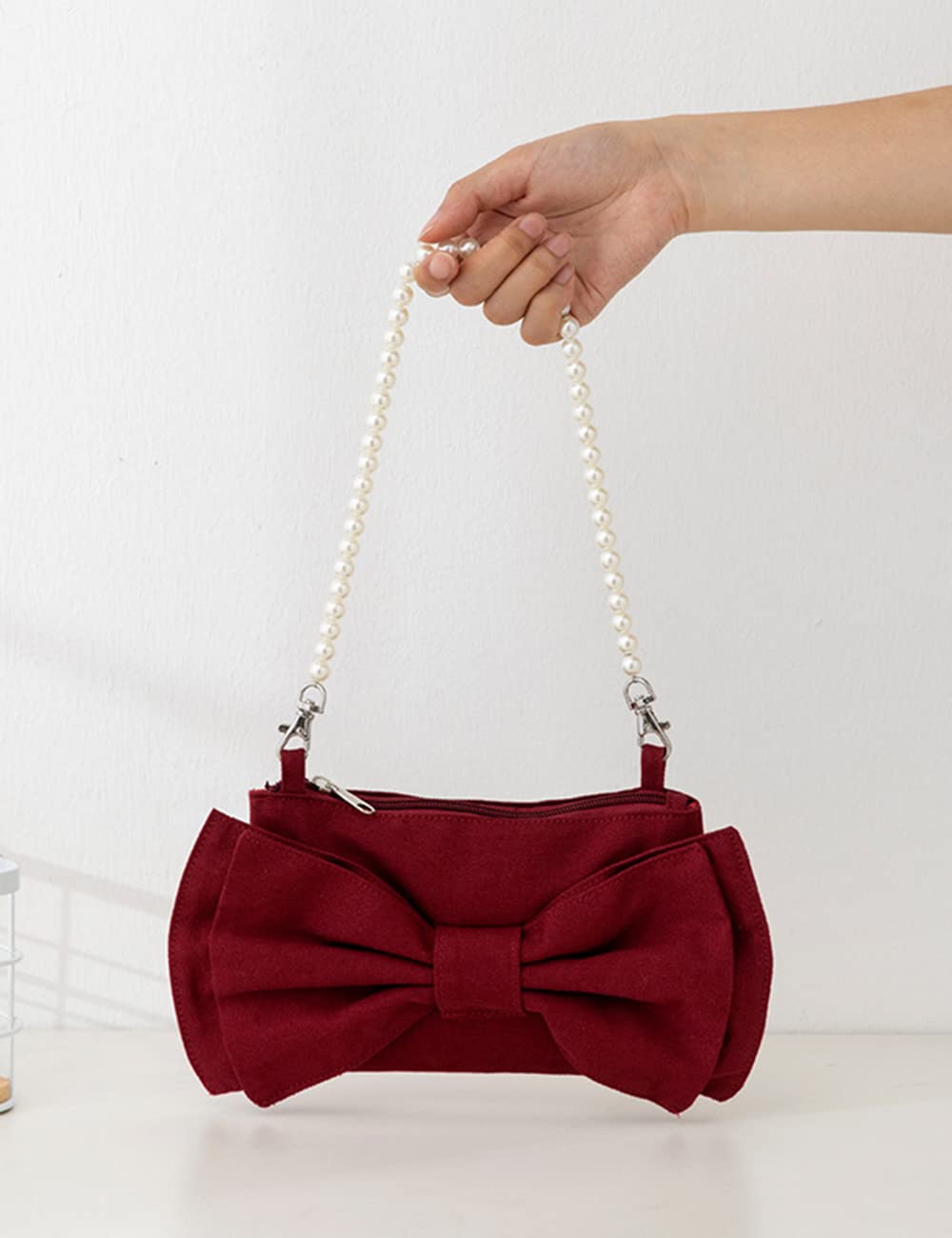 JENLING Red Bow Mini Shoulder Purse Clutch Bag for Women with Pearl Chain (Burgundy)