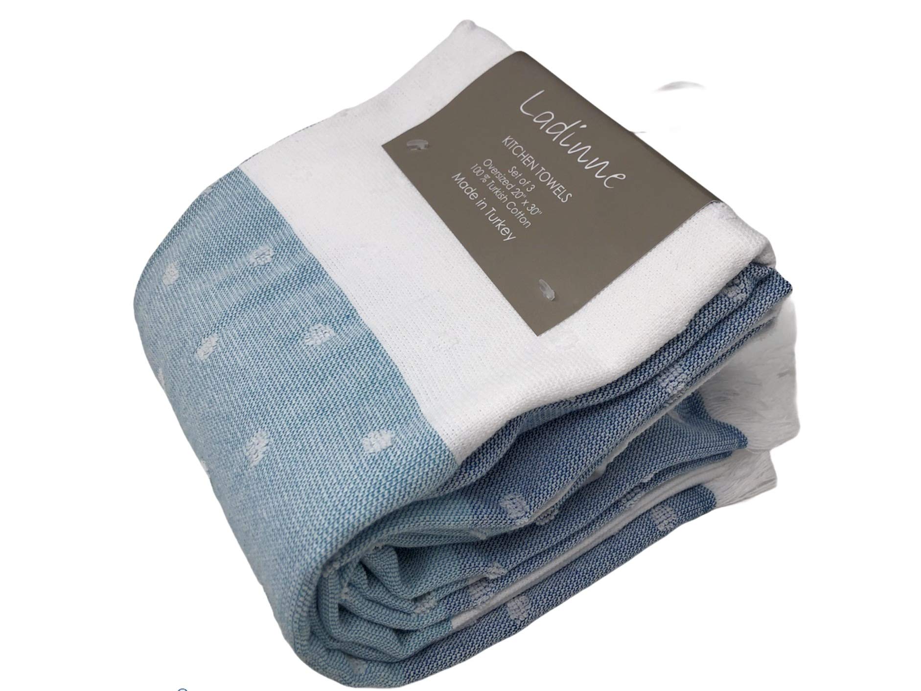 Ladinne Kitchen Towels Set of 3 Oversized 20 x 30in 100% Turkish Cotton, Terrycloth, Tri-Tone Oceanic Colors with Pop up Dots | Made in Turkey