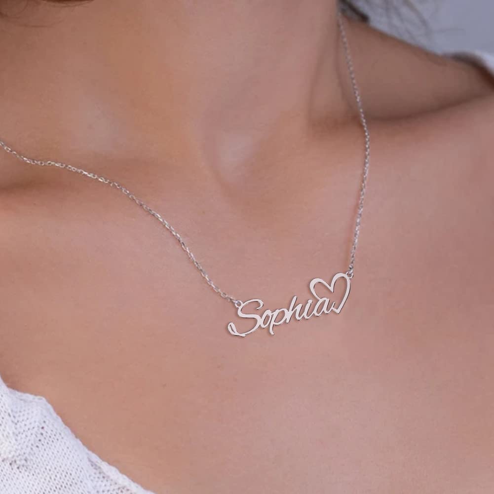 Laffyett Name Necklace Personalized with Heart Stainless Steel Custom Name Necklace Gifts for Women