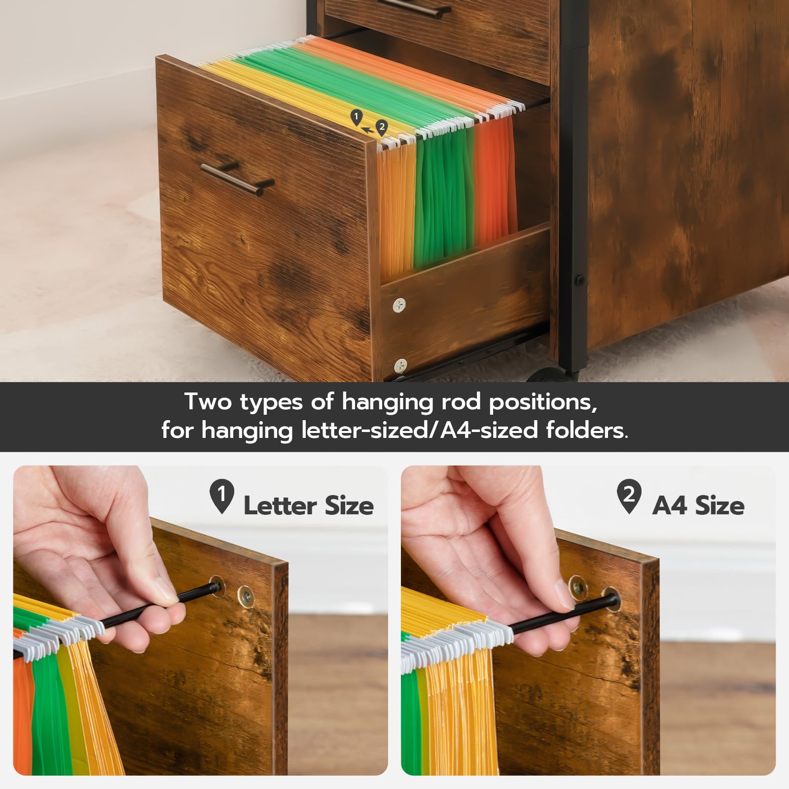 HOOBRO 2 Drawer File Cabinet, Mobile Printer Stand with Open Storage Shelf, Filing Cabinet with Charging Station, Wooden Office Cabinet fits A4/Letter Size, Rustic Brown and Black BF80UWJ01