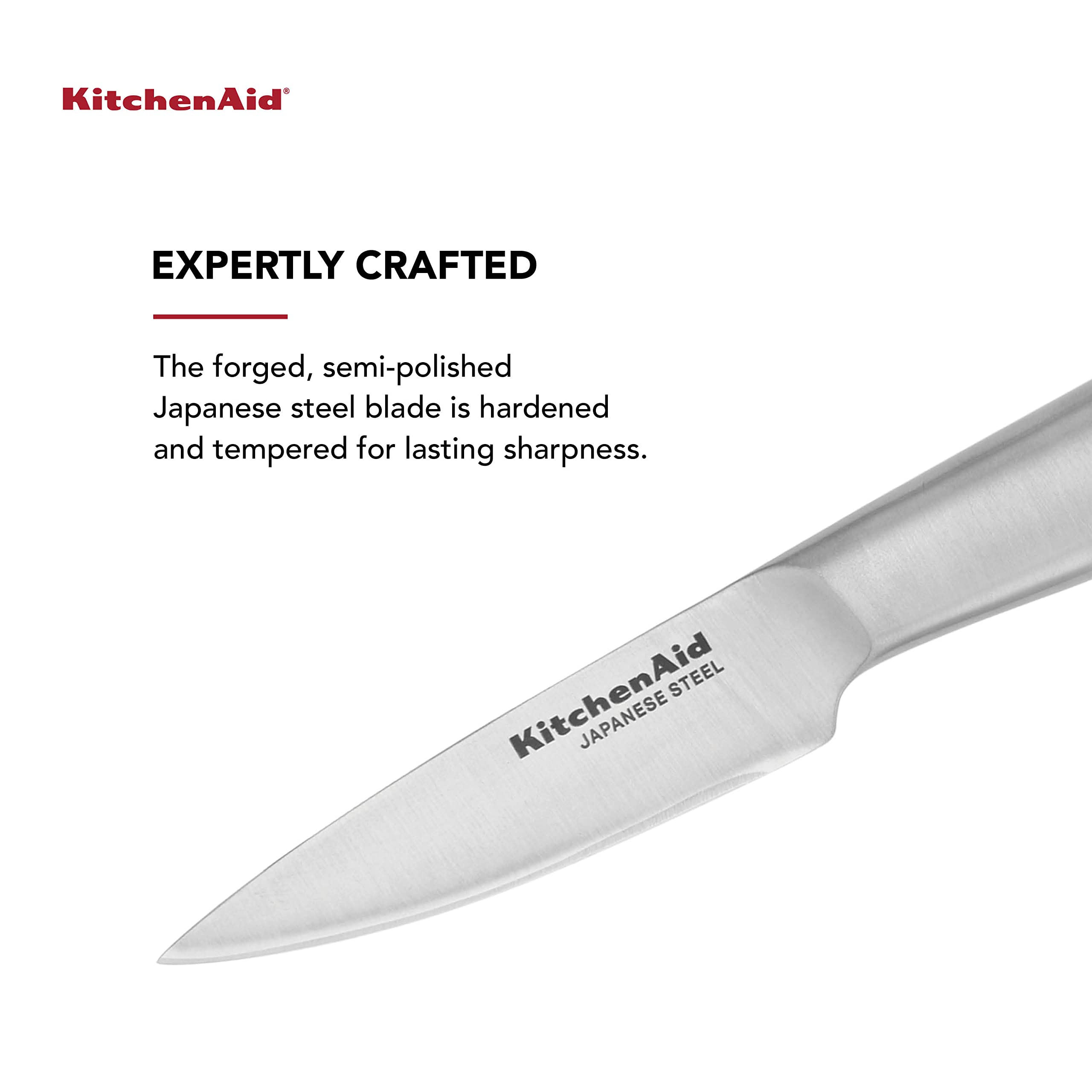 KitchenAid Gourmet Forged Stainless Steel Paring Knife with Custom-Fit Blade Cover, 3.5-inch, Sharp Kitchen Knife, High-Carbon Japanese Stainless Steel Blade, Brushed Stainless Steel Handle