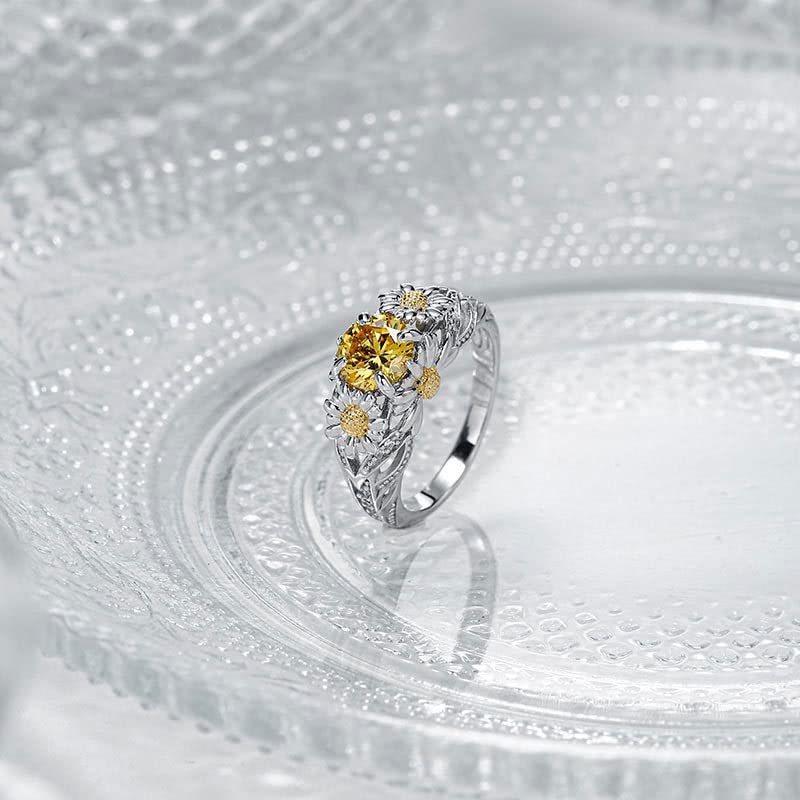 Jewels Store 2.5 Ct Round Cut Citrine Yellow Diamond Sunflower Design Engagement Ring in 925 Sterling Silver White Gold Finish (Silver, 5)