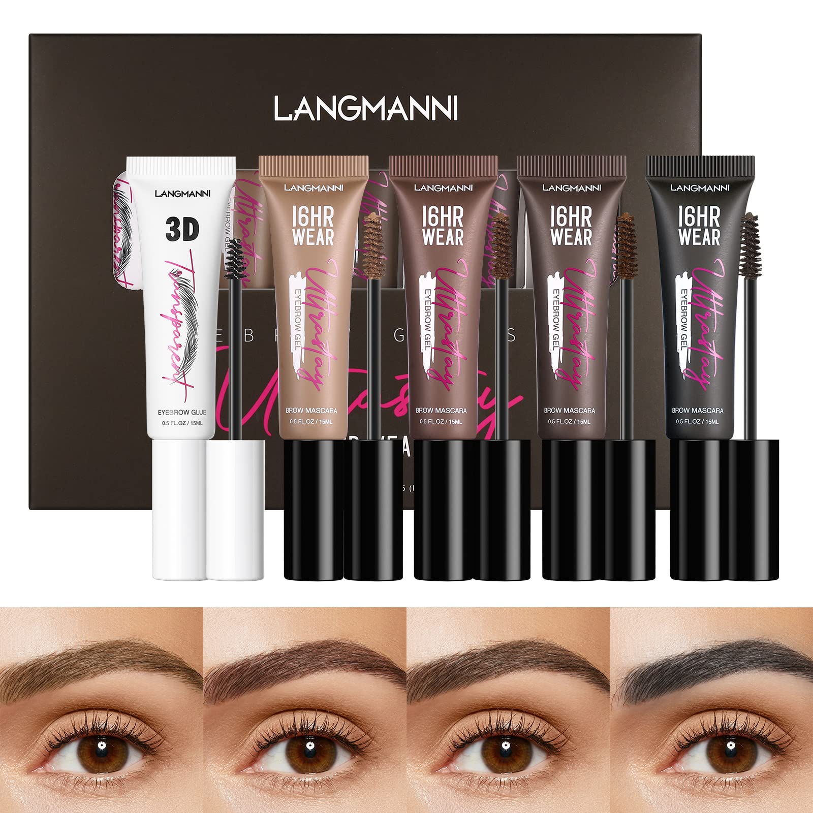 LANGMANNI Eyebrow Gel Set,4 Pcs Colors Eyebrow dye cream+1 Pc Lamination Glue 3D Clear Contouring Eyebrow Gel(Eyebrow 5Pcs Set)