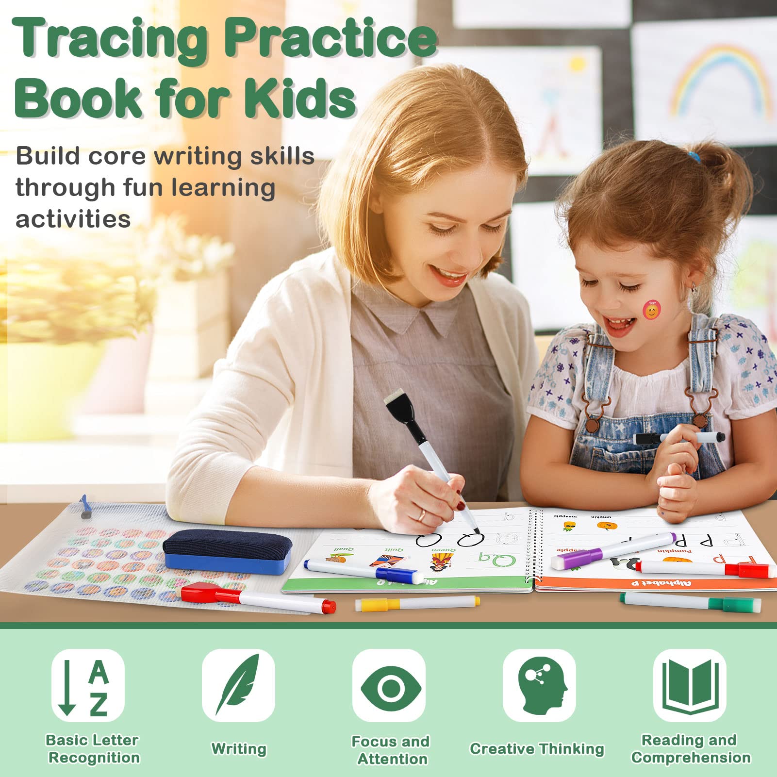 Joyreal Handwriting Practice Tracing Book for Kids, 40 Pages Preschool Learning Activities Autism ToddlersTracing Writingbook Letters Number Shapes Animal Workbook