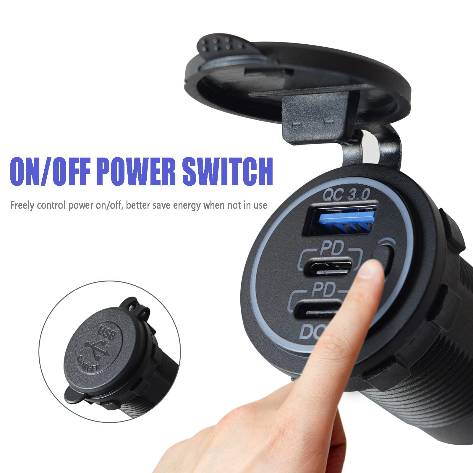 KMORET 12V USB C Outlet Dual PD 20W USB-C and QC3.0 USB Port Car Charger Socket with Switch for Car RV Boat Marine Truck Motorcycle