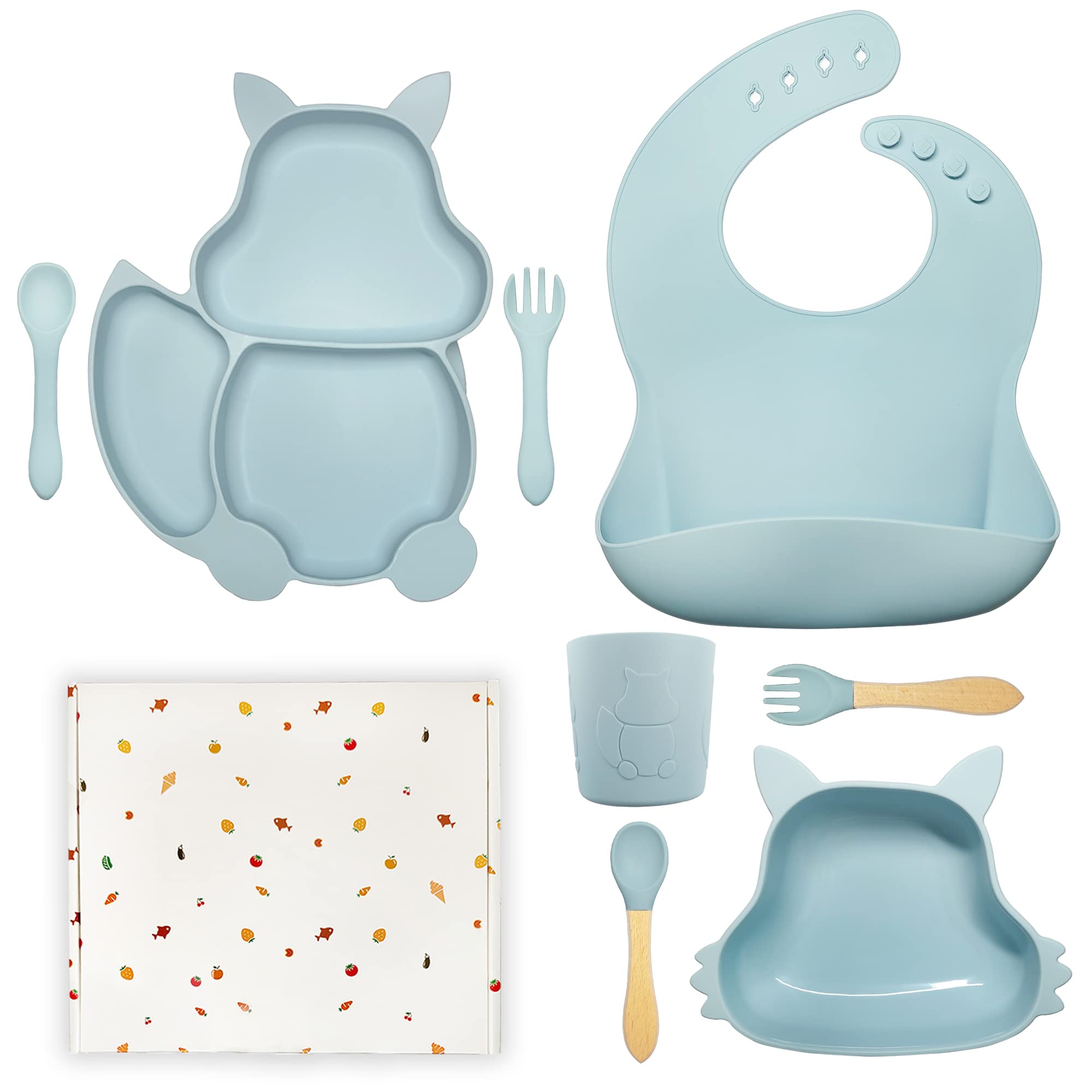 Langmeil 8 Pcs Silicone Baby Feeding Set, Baby Led Weaning Supplies, Cute Squirrel, Silicone Suction Bowl Divided Plate Adjustable Bib Soft Silicone Spoon Fork Cup, Baby Self Feeding Utensils(Blue)