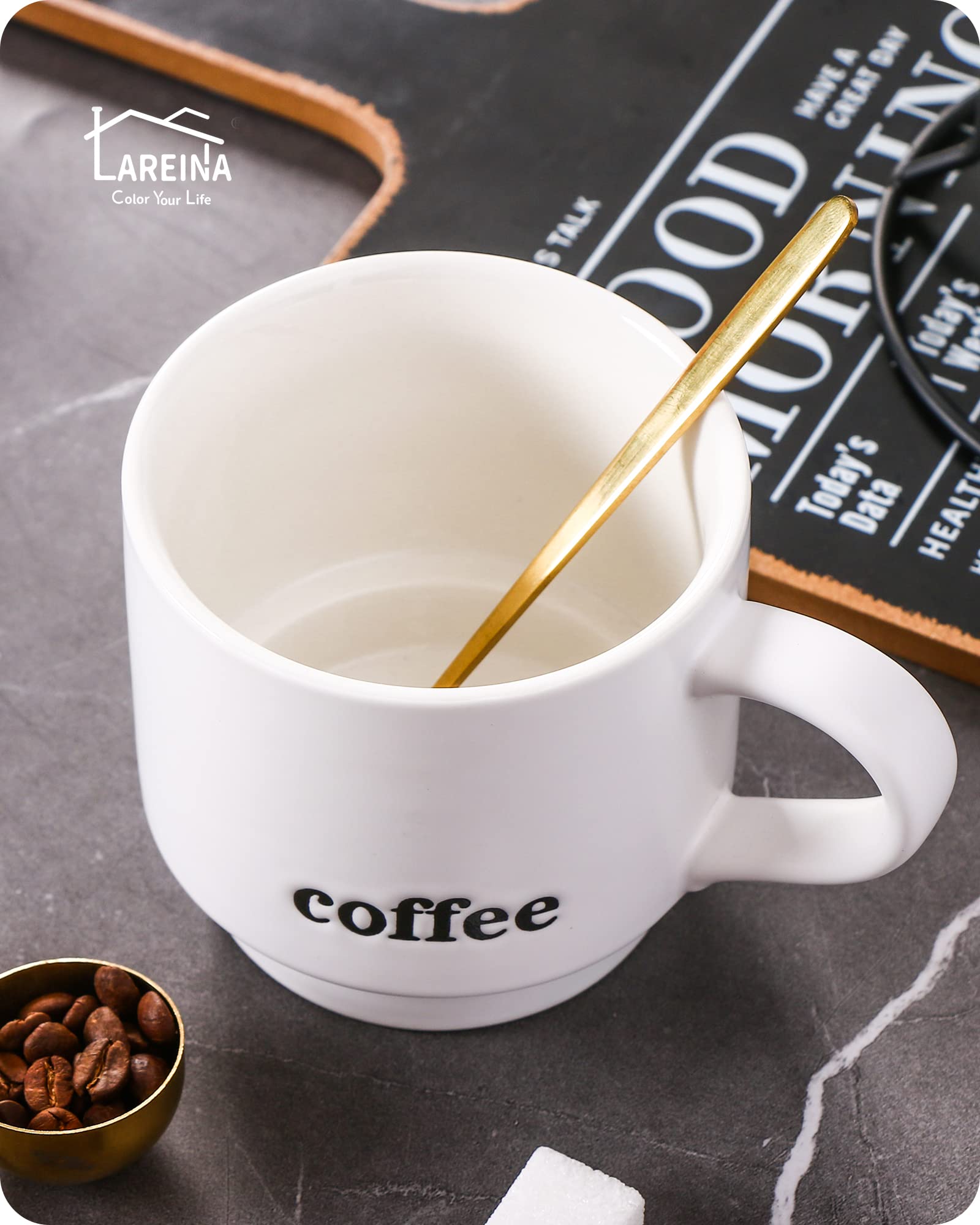 Lareina Porcelain Stackable Coffee Mug Set With Rack and Spoons, 15 Ounce Cappuccino Cup Set of 4 for Specialty Coffee Drinks and Tea - White