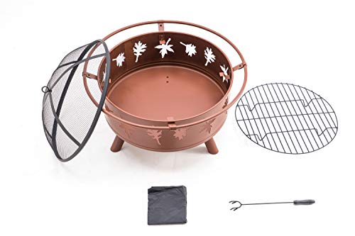 Mcombo 32" Metal Bronze Fire Pit Round Table Backyard Patio Terrace Fire Bowl Heater/BBQ/Ice Pit with Charcoal Rack Waterproof Cover 0146, Bronze
