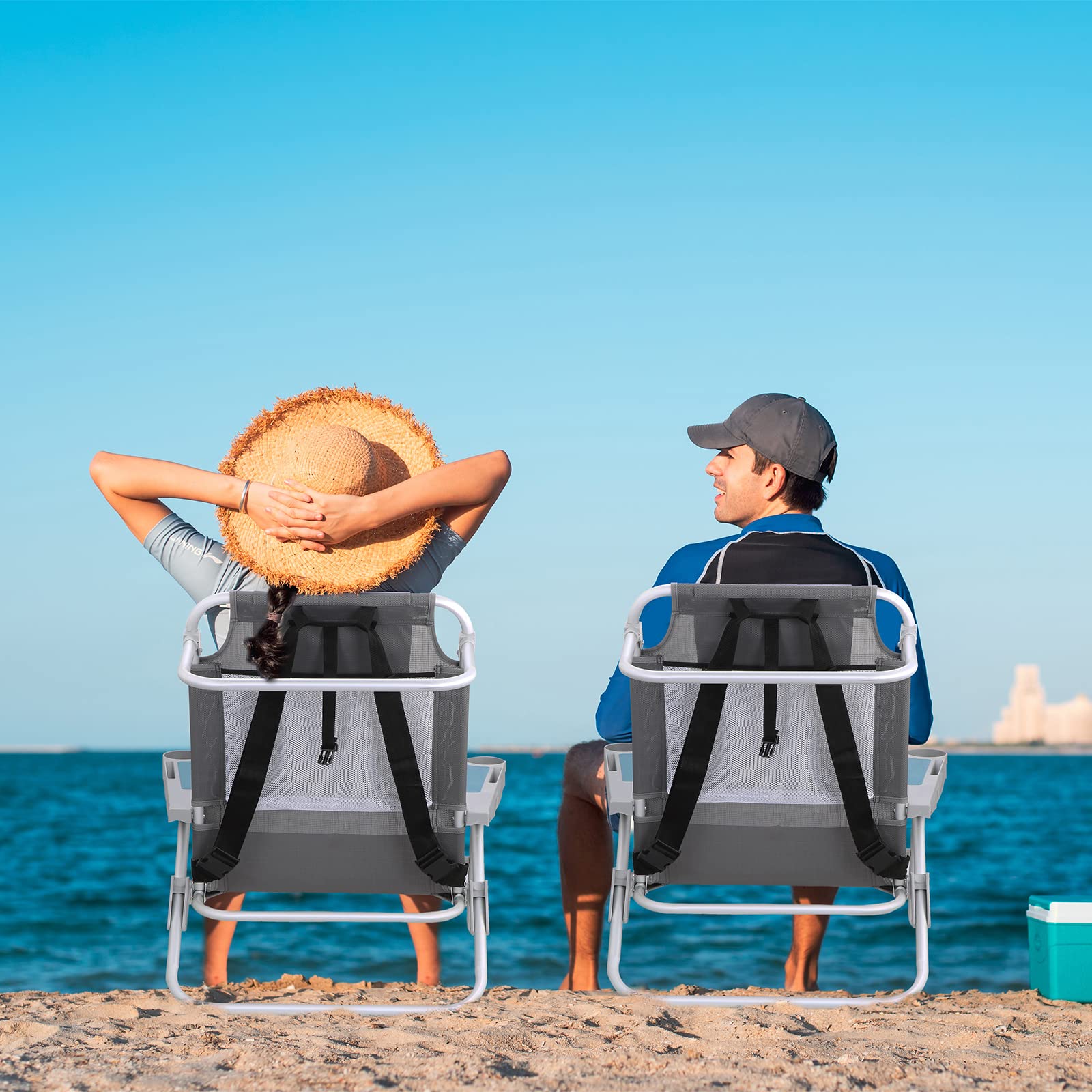 ICECO Beach Chairs for Adults 2 Pack, XL 5 Position Backpack Beach Chair Heavy Duty, Low Beach Folding Chairs, Portable Chairs with Cup Holder Backpack Strap for Beach Outdoor Camping 350lb Capacity