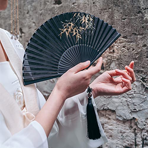 HTian Small Black Folding Fans, Chinese Bamboo Leaf Pattern Hand Fan Folded Purse Hand Fan with Fabric Sleeve and Tassel, for Women