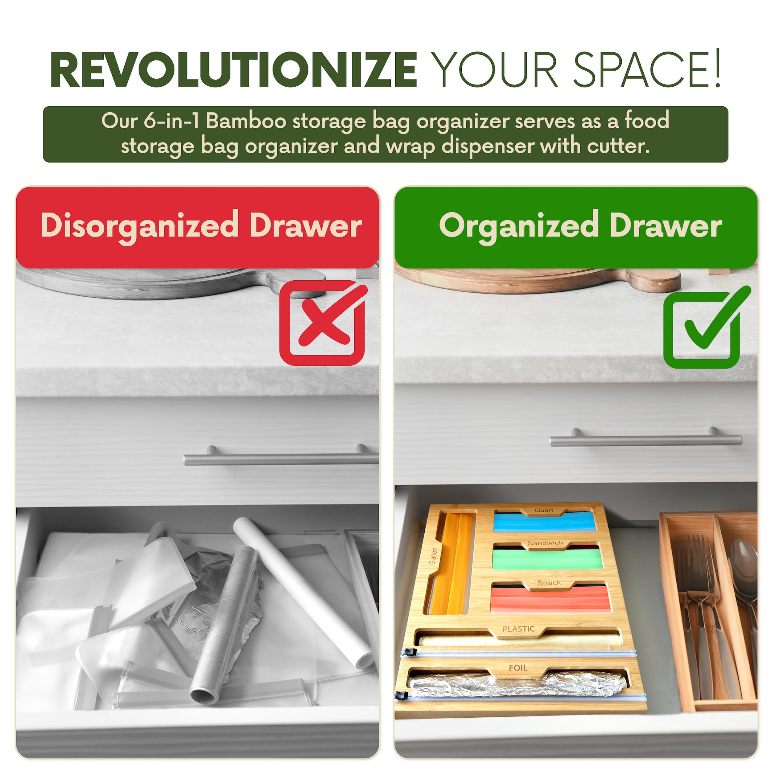 HOMELYTICKS Bamboo Storage Bag Organizer & Plastic Wrap Dispenser with Cutter -6-in-1 Kitchen Drawer Organizer for Foil and Plastic Wrap, Food Storage Bag Organizer - Sandwich, Quart, Gallon & Snack