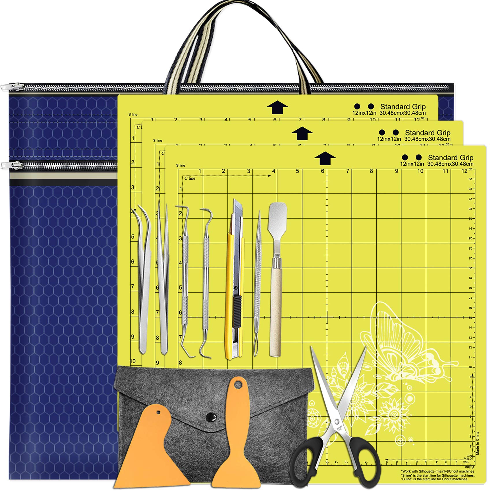 HIRALIY 11 Pcs Craft Vinyl Weeding Tools Set with 3 Pack 12" x 12" Cutting Mats Standard-Grip and Vinyl Carrying Organizer Bag,Vinyl Weeding Tool Kit for Cricut/Explore Air 2/Silhouette Cameos