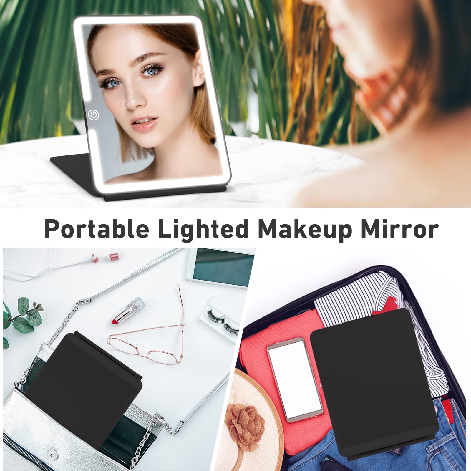 Jadazror Large Travel Makeup Mirror with 10X and 20X Magnifying Mirror, Portable Lighted Makeup Mirror with 3 Light Settings, USB Rechargeable, 9.85 * 7.5 inch Travel Mirror with Tweezers, Black