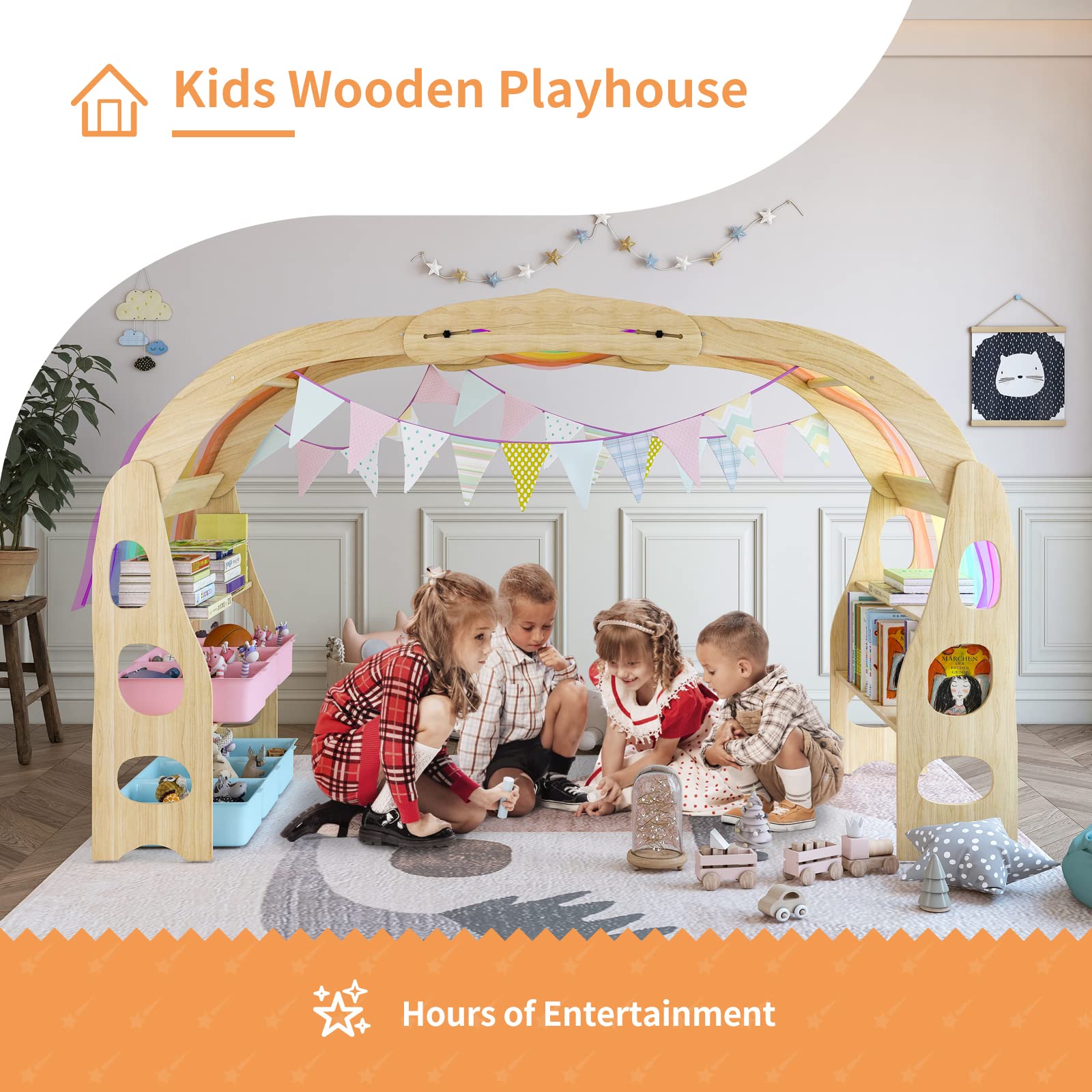 linor Indoor Playground for Kids in 3-12, Wooden Play Structures with Bookcase, Waldorf Playstand Arch with A Large Space for Reading, Storing, Playing, Great Gift for Kids (Wood)