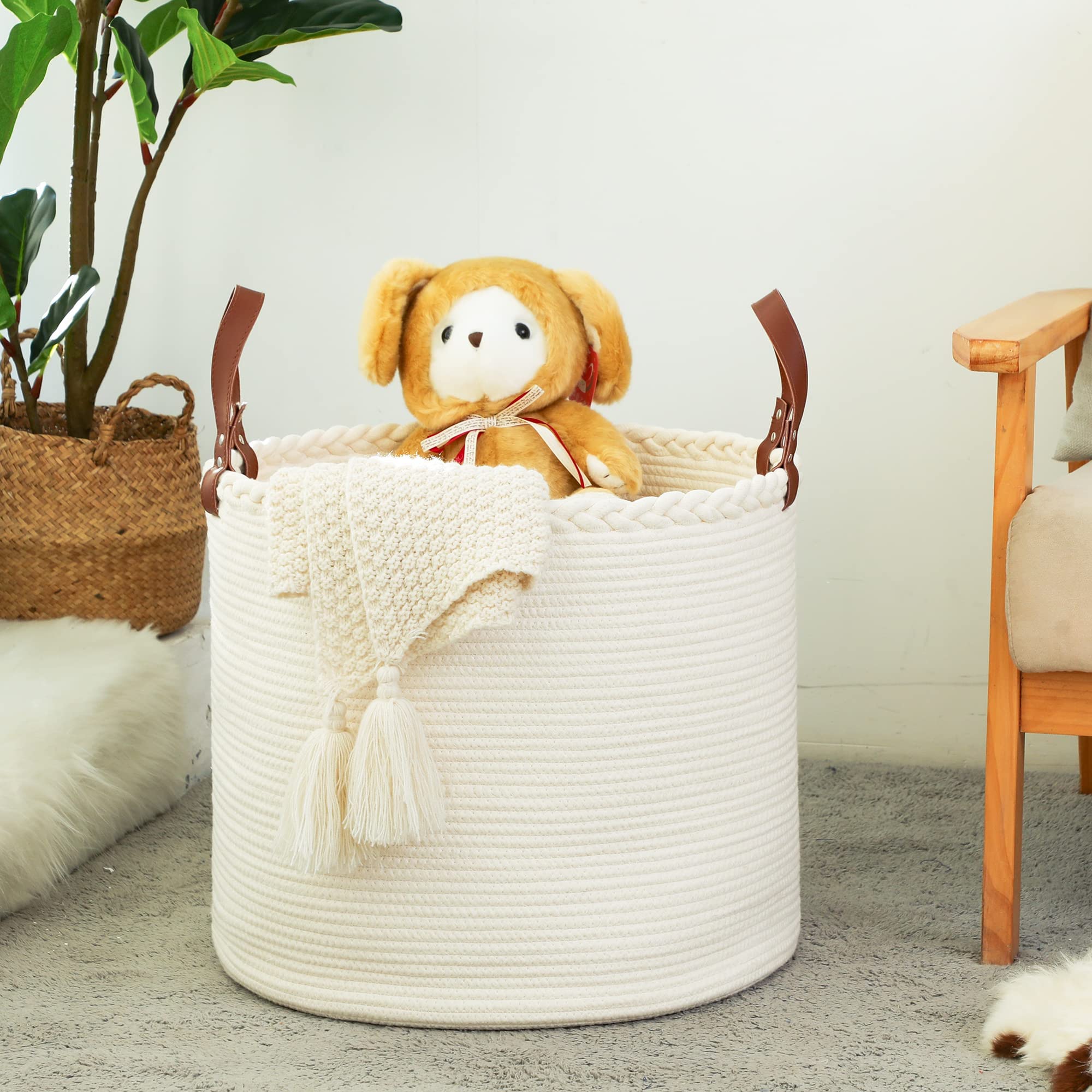 KAKAMAY Large Cotton Rope Blanket Basket (18"x16"),Woven Baby Laundry Hamper,Blanket Basket for Nursery, Laundry, Living Room, Pillows, Toys with Leather Handles (White)