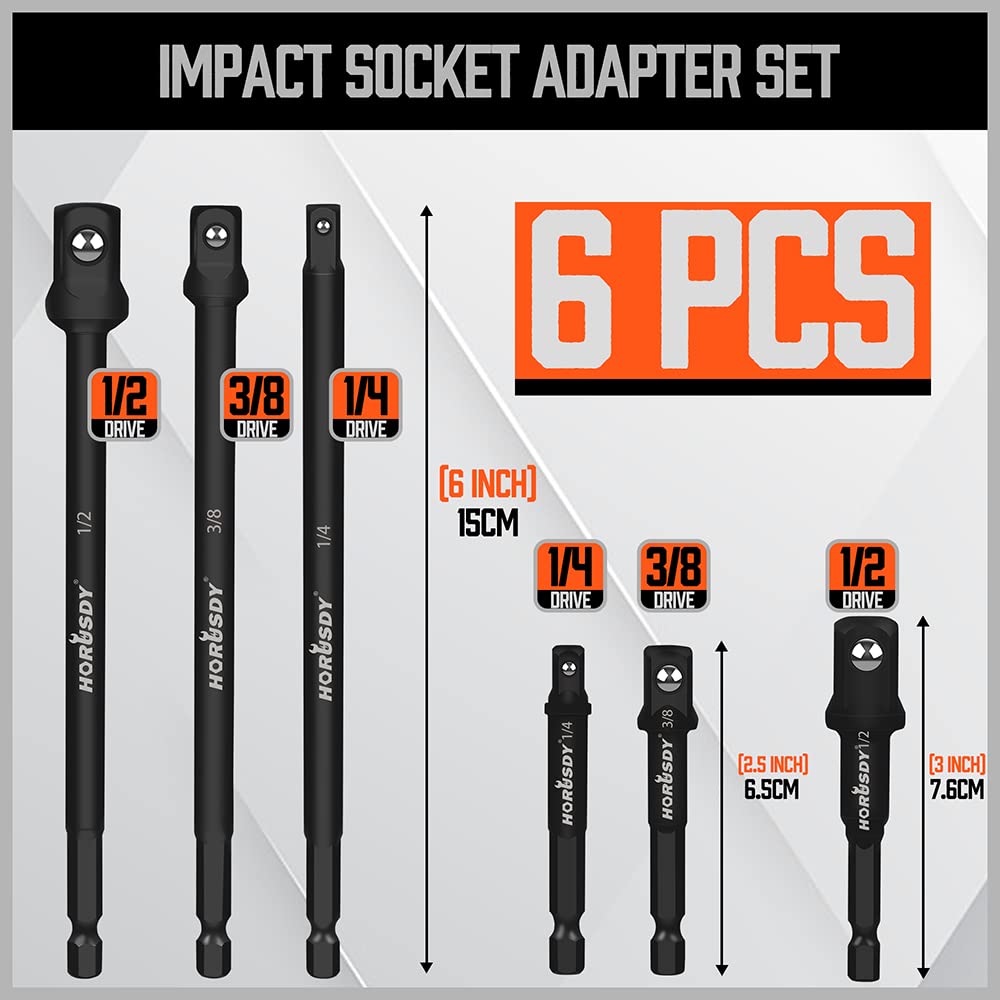 HORUSDY 6-Piece Impact Grade Power Drill Sockets Adapter Sets, 3-Inch and 6-Inch Hex Shank Impact Driver Socket Adapter, Socket to Drill Adapter 1/4" 3/8" 1/2" Impact Driver Adapter