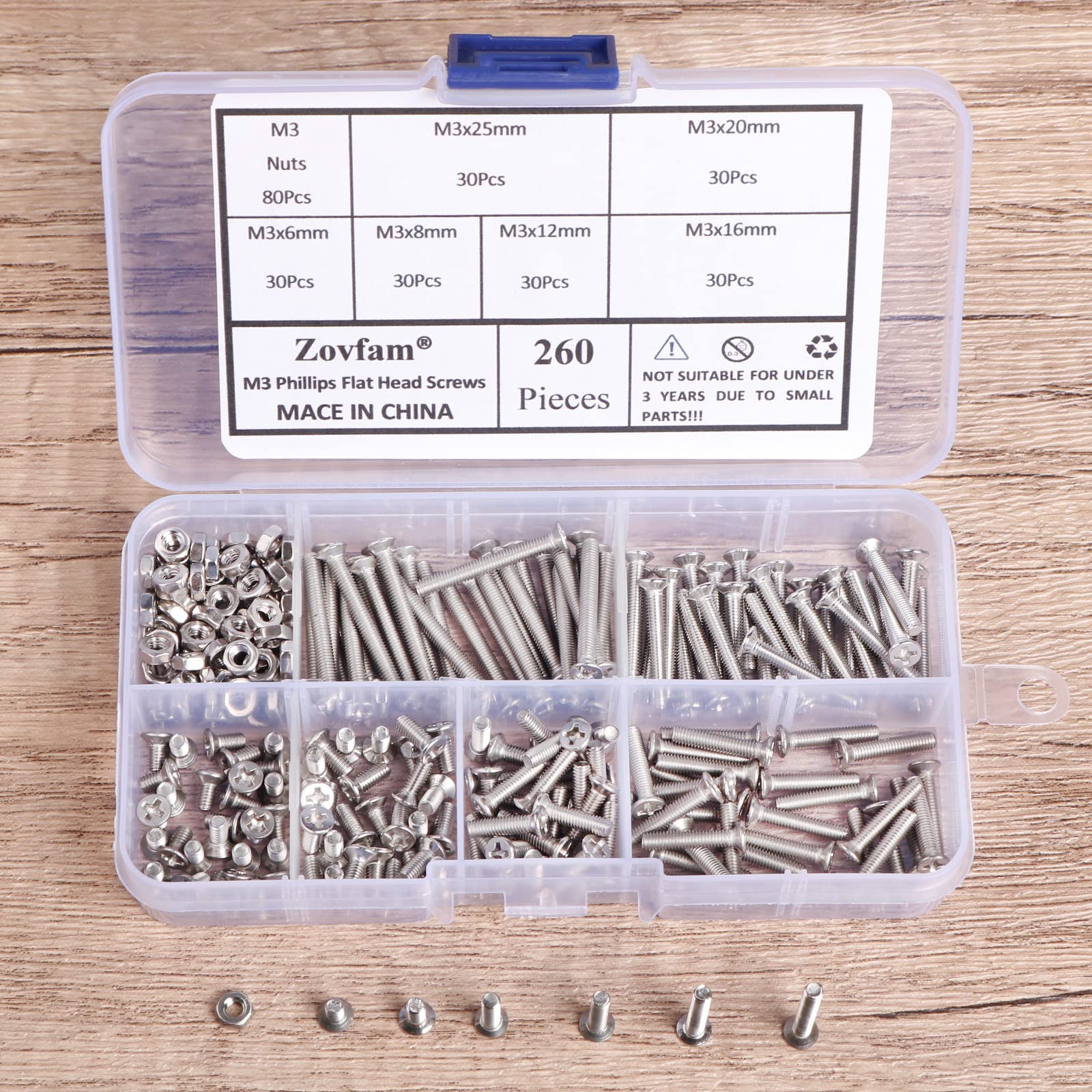 M3 Phillips Flat Head Screws Countersunk Bolts Nuts 304 Stainless Steel Nuts and Bolts Assortment Kit M3 x 6mm/ 8mm/ 12mm/ 16mm/ 20mm/ 25mm Metric Bolt Kit 260Pcs
