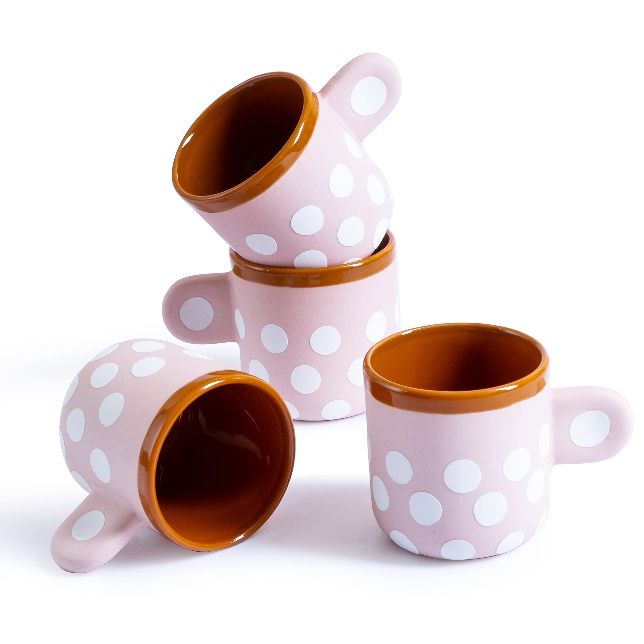 KAKI Espresso Cups Set of 2-3 Ounce, Clay Espresso Cups Pink with White Polka Dot, Handmade Expresso Coffee Cup for Coffee Lovers, Gifts for Mom, Dad or Friends (Pack 2)