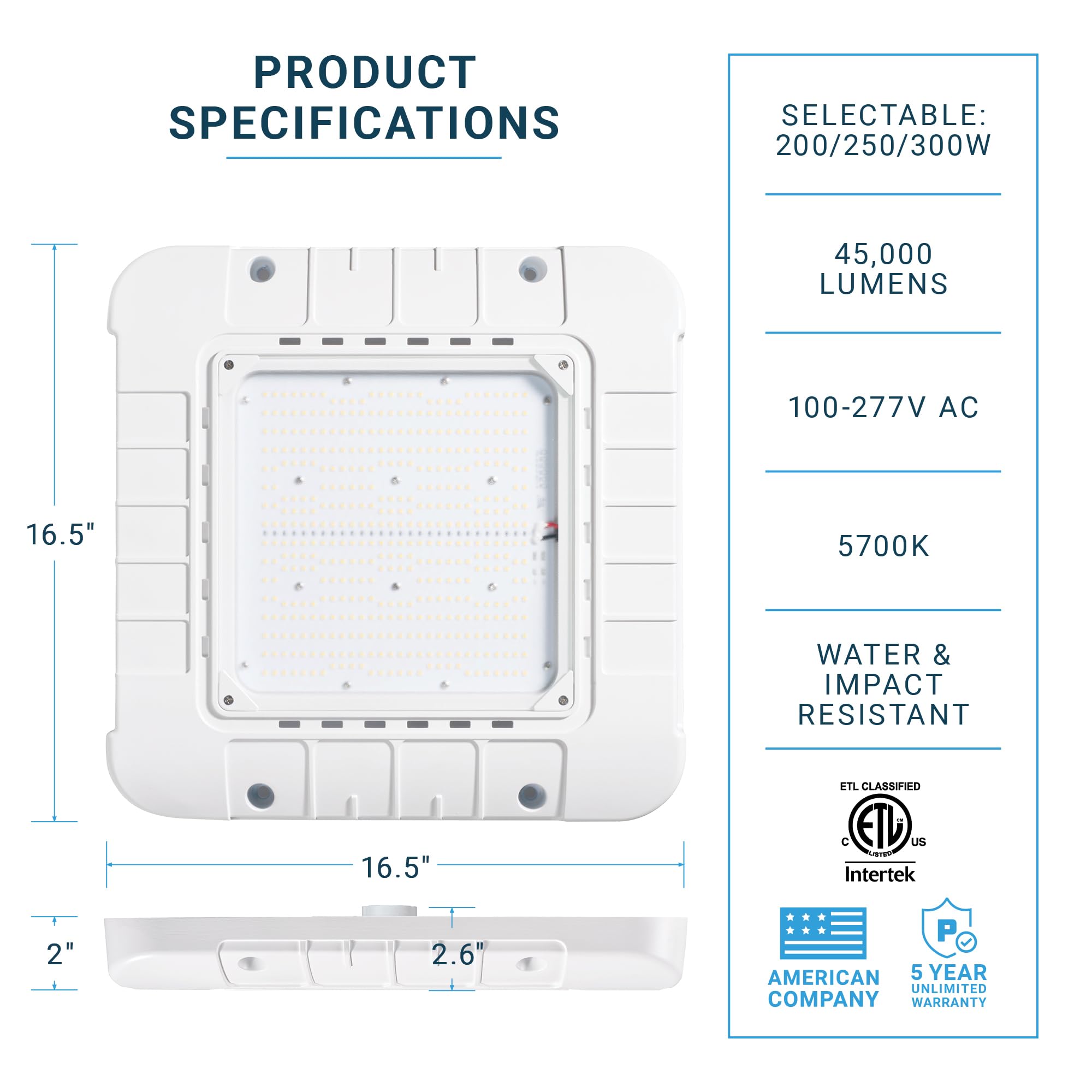 Parmida (4 Pack) LED Canopy Light, Wattage Selectable (200/250/300W), ETL, Dimmable, 100-277VAC, IP65 Waterproof, 5700K, 16.5β x 16.5β, Gas Station, Garage, Street, Outdoor Lighting, Commercial Grade