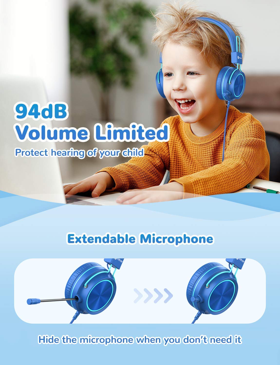 iClever HS21 Kids Headphones with Microphone for Virtual School Blue & Pink Bundles-Rotatable Extendable Mic - 94 dB Volume-Safe Headphones for Kids, Wired Foldable Kids Gaming Headset for PS4/Xbox