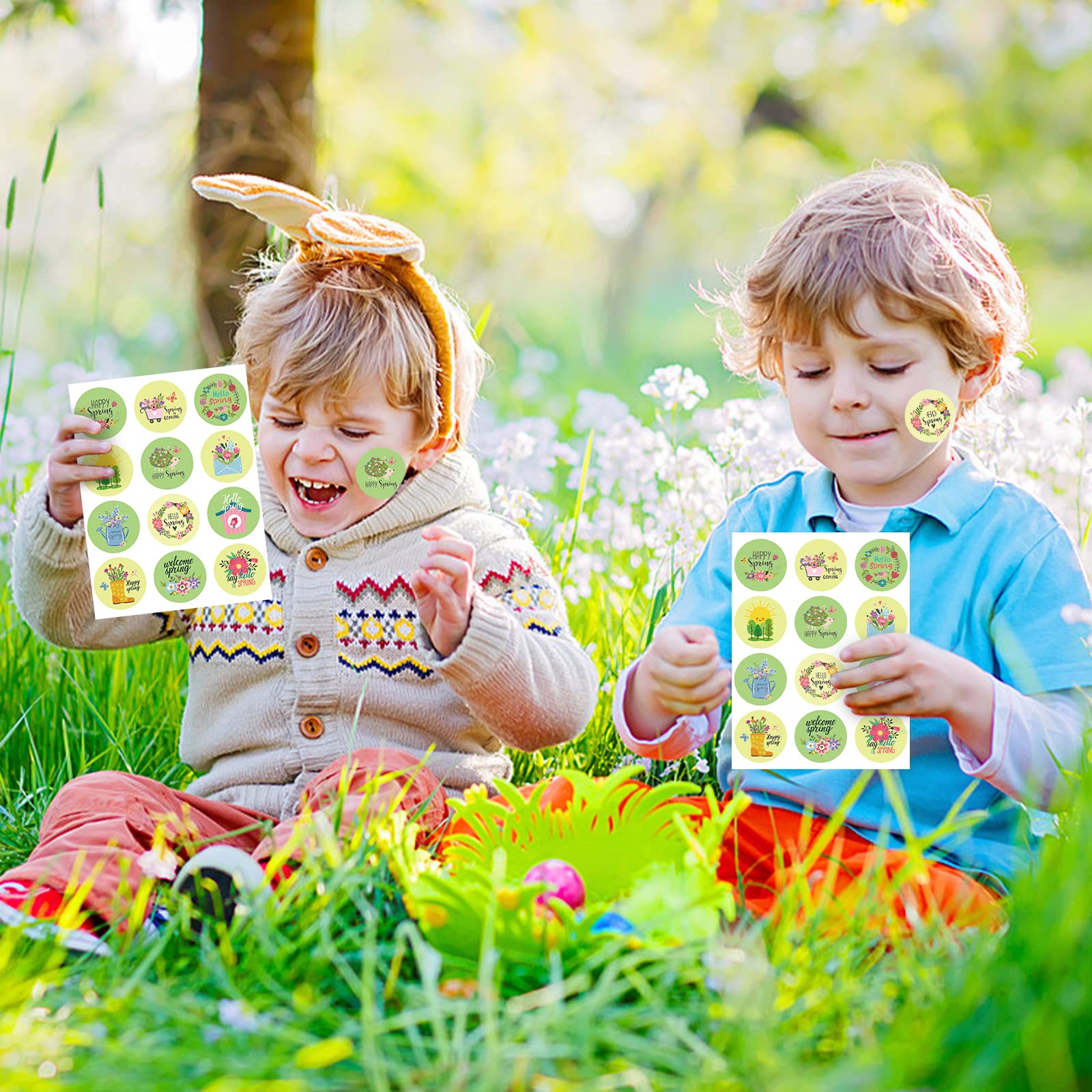 Lucleag Happy Spring Stickers for Kids, Round Hello Spring Stickers, 12 Styles Spring Flowers Birds Butterfly Stickers for Candy Goodies Envelope Seals Gift Card Stickers Spring Party Decor 360pcs