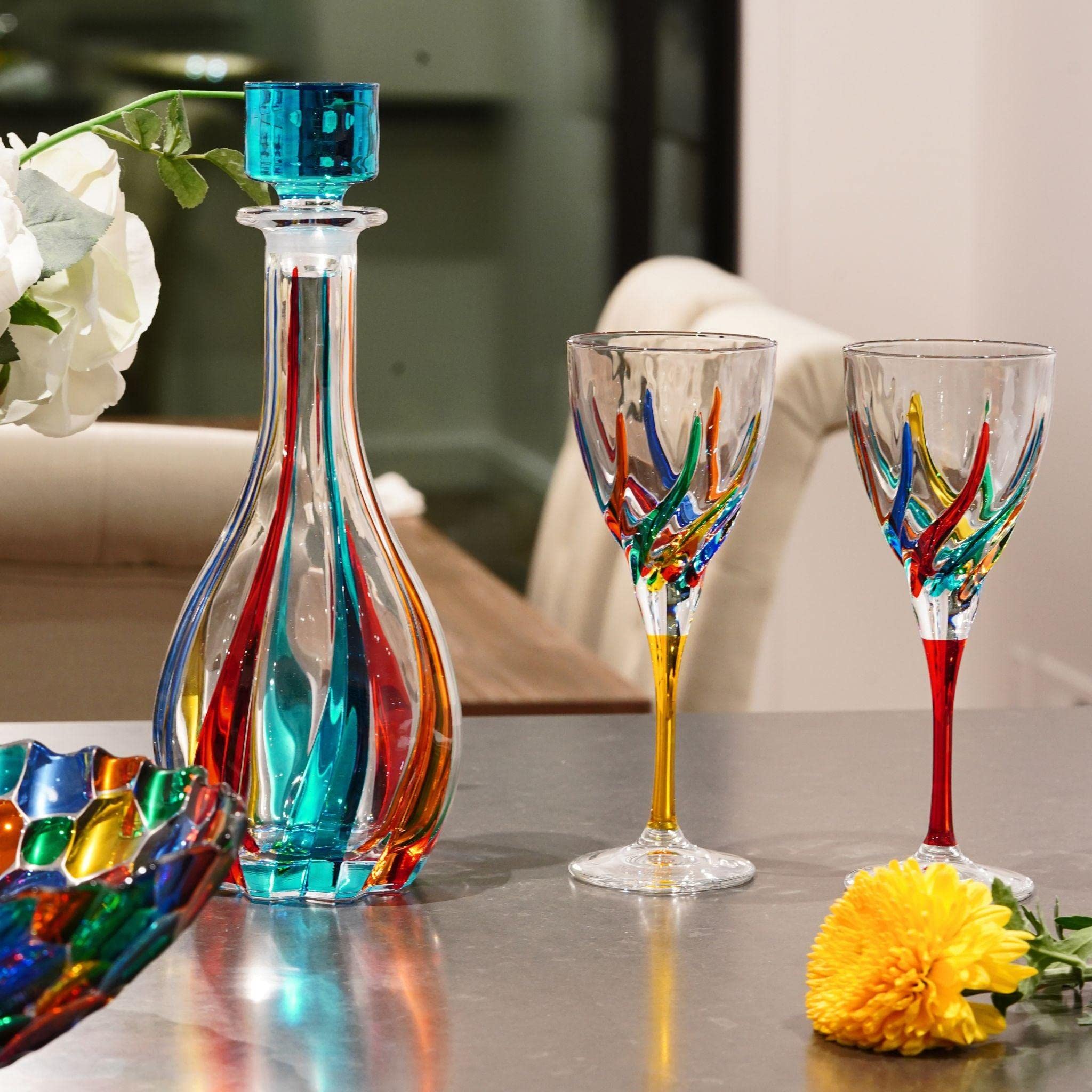 Italian Crystal Trix Wine Drinking Glasses, Set of 2, 8 oz Glasses, Elegant Stemware, Hand Blown Wine Glasses, Crystal Wine Glasses for White or Red Wine, Wedding Glasses, Made in Italy
