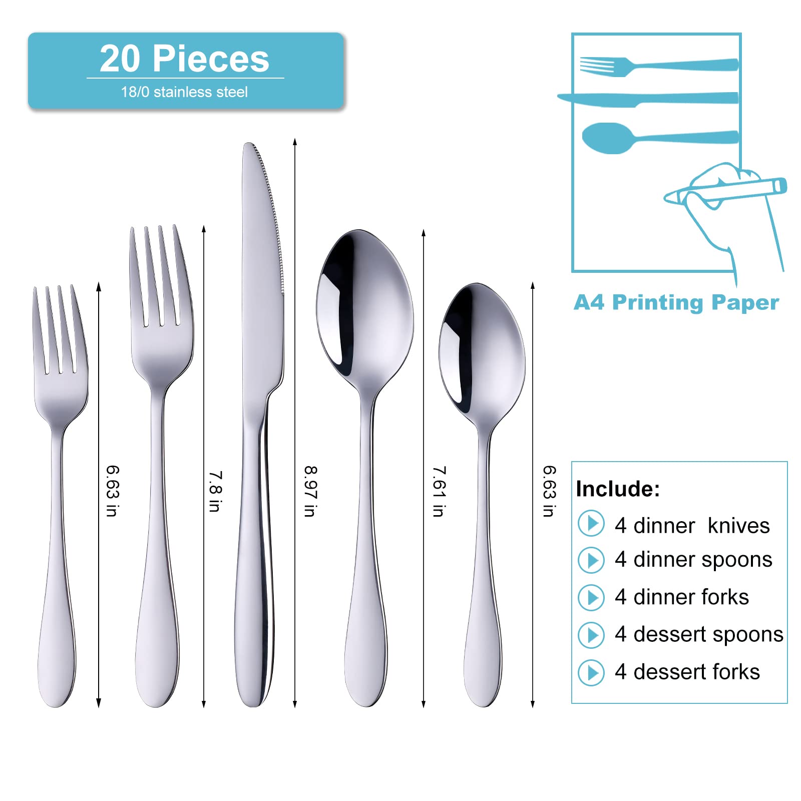 KITIOK Flatware Set for 4, Silverware Set, 20-Piece 18/0 Stainless Steel Utensils Set Service For 4, Tableware Cutlery Set, Mirror Polished, Dishwasher Safe, (Silver)