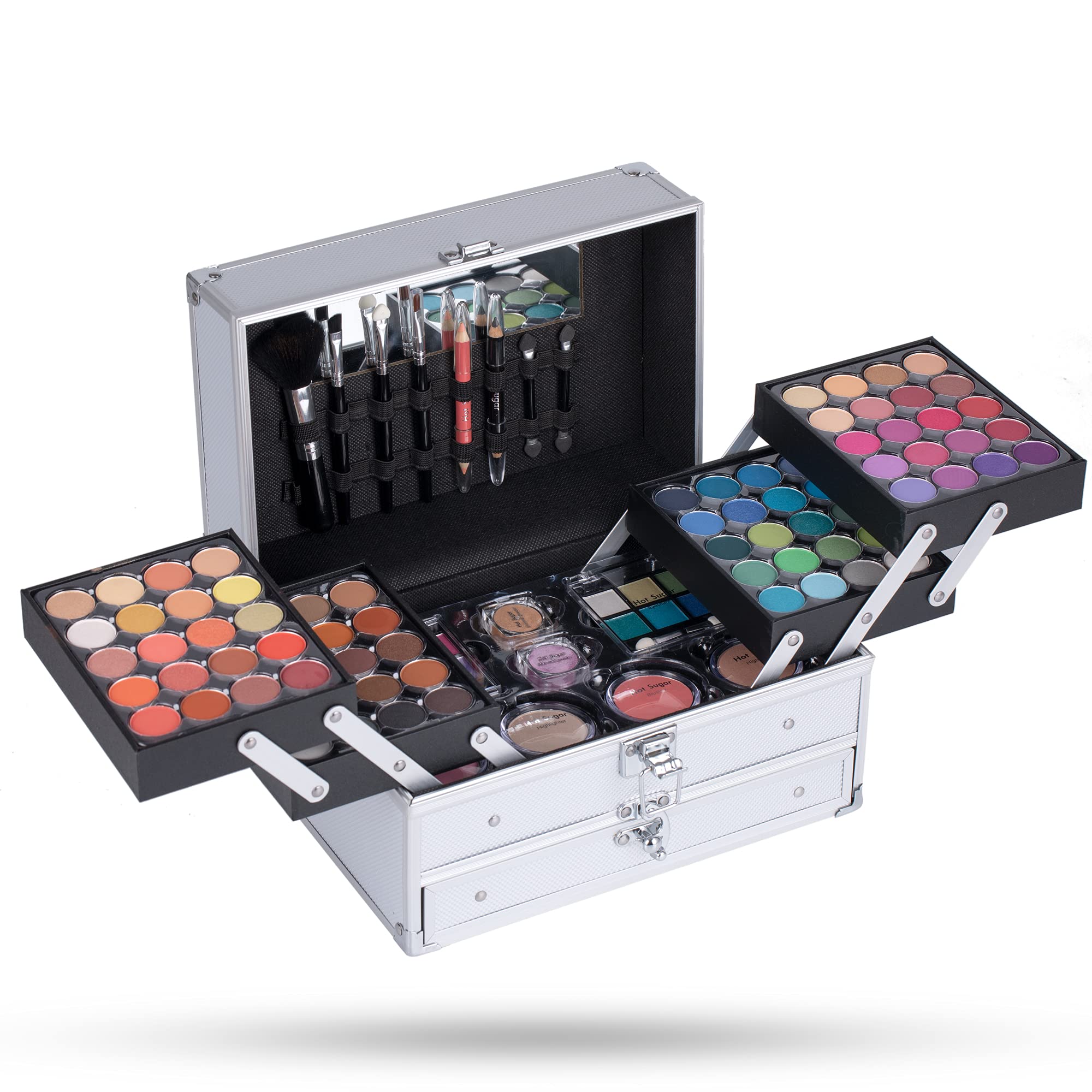 Hot Sugar Girls Makeup Set for Teenagers Beginners Adults Professionals with Reusable Trendy Silver Cosmetic Box Includes Everything for A Full Face Makeup Eyeshadow Lip Gloss Blush Brush Lipstick