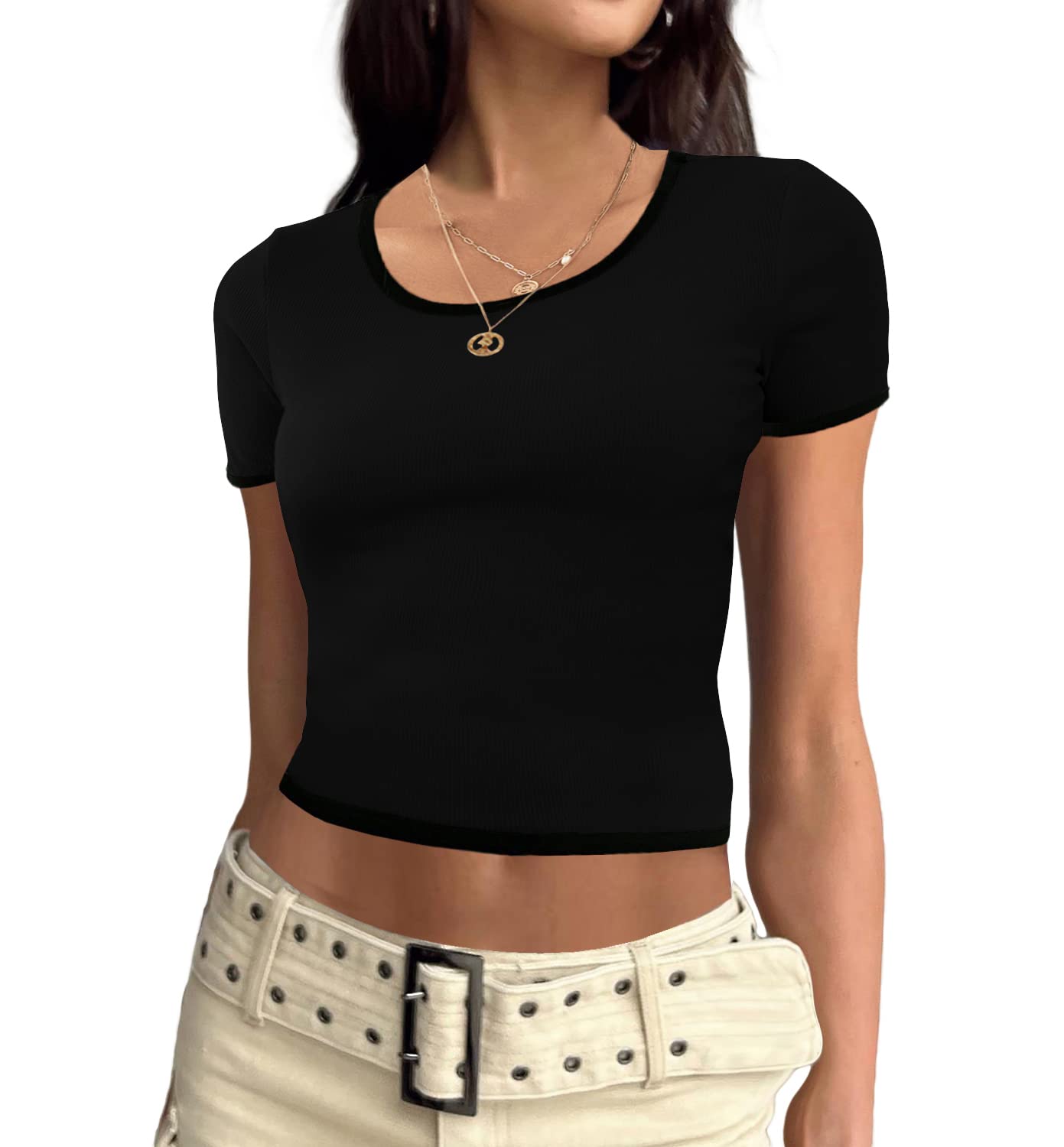 INFITTY Womens Basic Crop Top Summer Trendy Short Sleeve Plain Scoop Neck Slim Fit T Shirt Blouse 2023 Black Size M