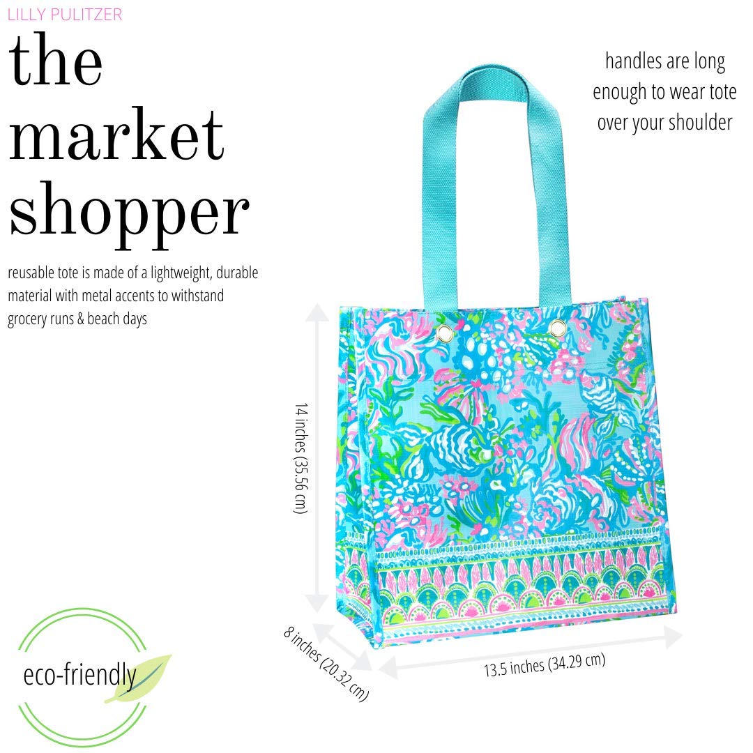 Lilly Pulitzer Blue/Green Market Shopper Bag, Reusable Grocery Tote with Comfortable Shoulder Straps, Aqua La Vista
