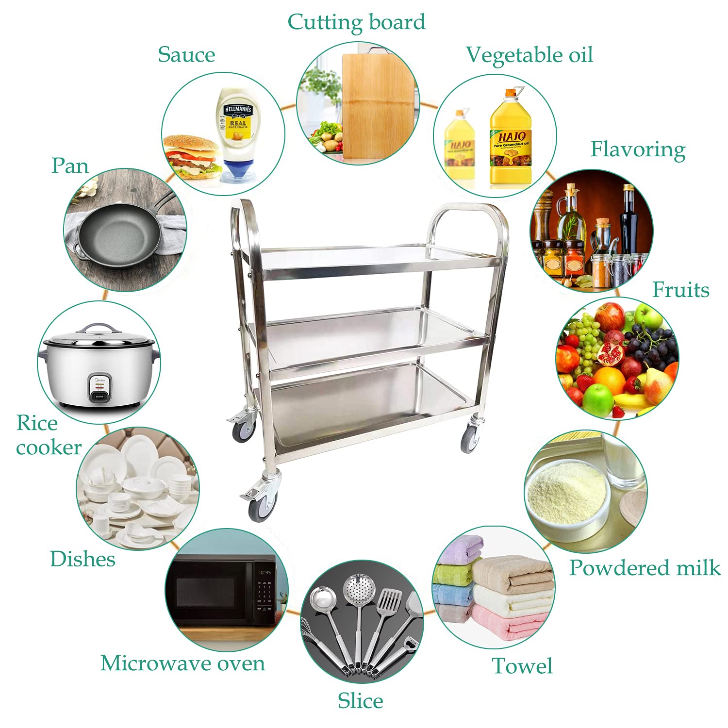 ITINA 3 Tier Stainless Steel Utility Cart with Locking Wheels L29.5× W16× H33inch 330Lbs Total Load Capacity Kitchen Island Trolley Catering Storage Cart for Kitchen Restaurant Hotel Cafe Home