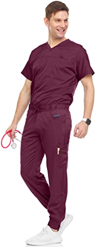 MediChic Men's Workwear Scrubs Stretch V-Neck Scrub Joggers Set with Seven-Pocket Pants Available in 10 Colors Up to Size 3X