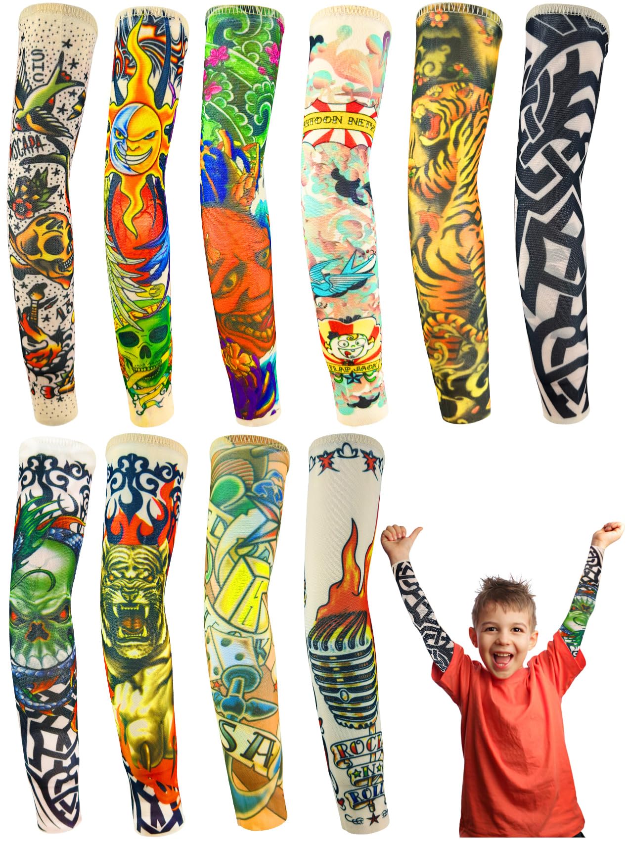 iToolai Kids Tattoo Sleeves for Boys Grils, 10 Pcs Temporary Arm Tattoo Sleeves for Children Baby, Fake Slip On Sunscreen UV Protection Cooling Arms Sleeves