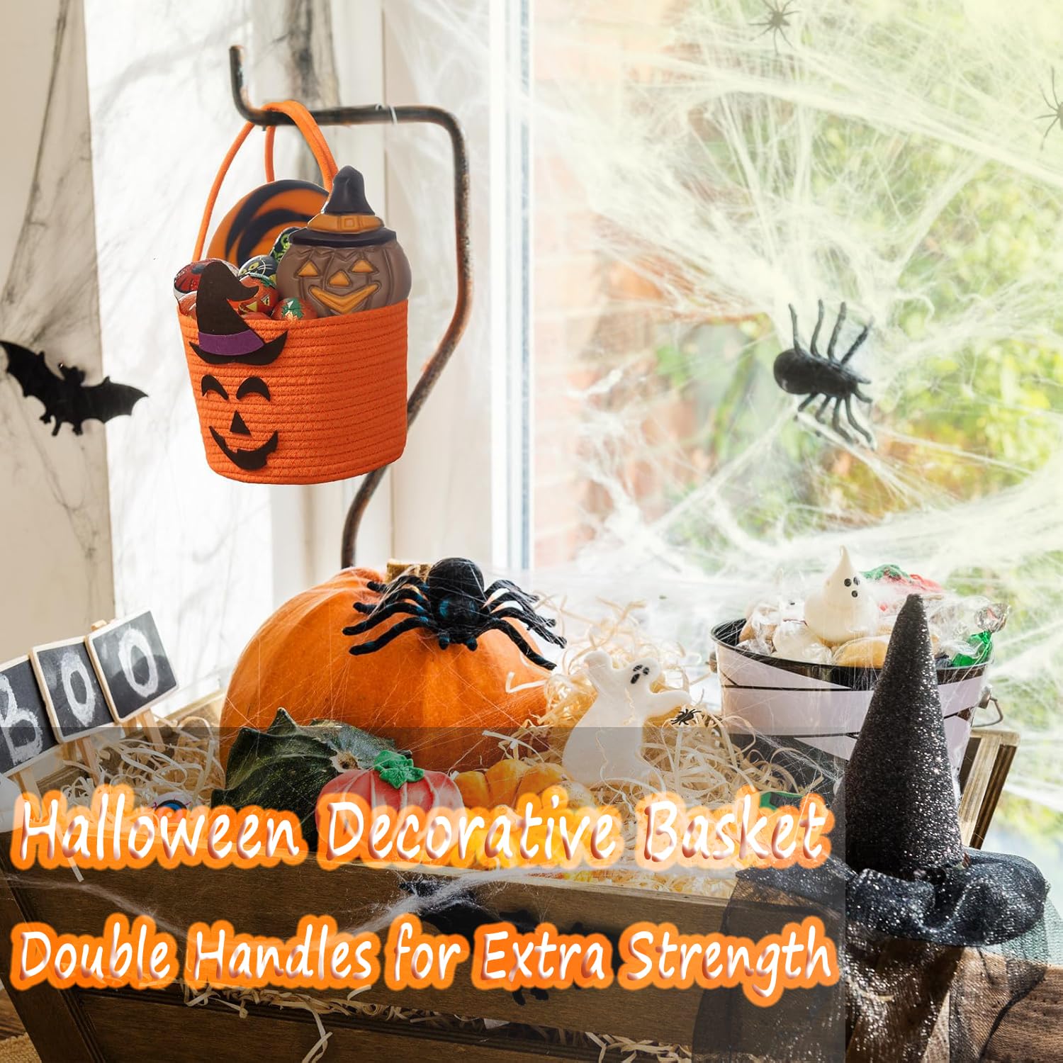 Poschnor Halloween Basket, Halloween Pumpkin Basket for Kids, Halloween Candy Basket, Small Woven Rope Basket bins, Empty Gift Basket for Halloween Decorations, Orange