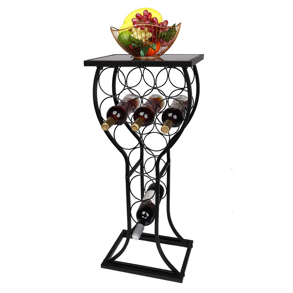 JOYBASE Freestanding Floor Wine Rack Table, Holds 11 Bottles, Metal with Marble Veneer Top, Wine Table Display Rack, Black