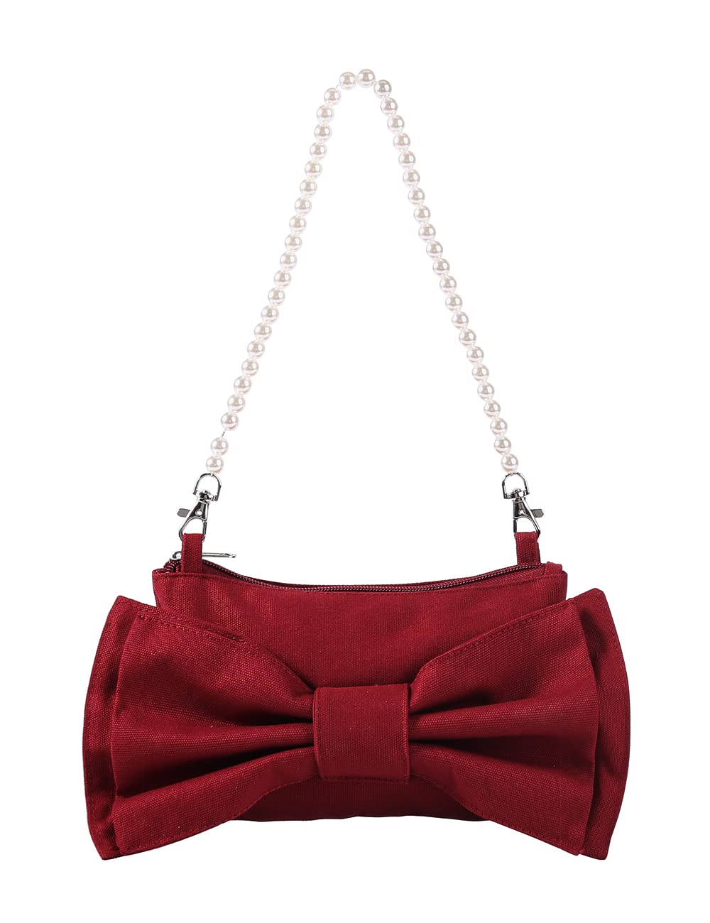 JENLING Red Bow Mini Shoulder Purse Clutch Bag for Women with Pearl Chain (Burgundy)