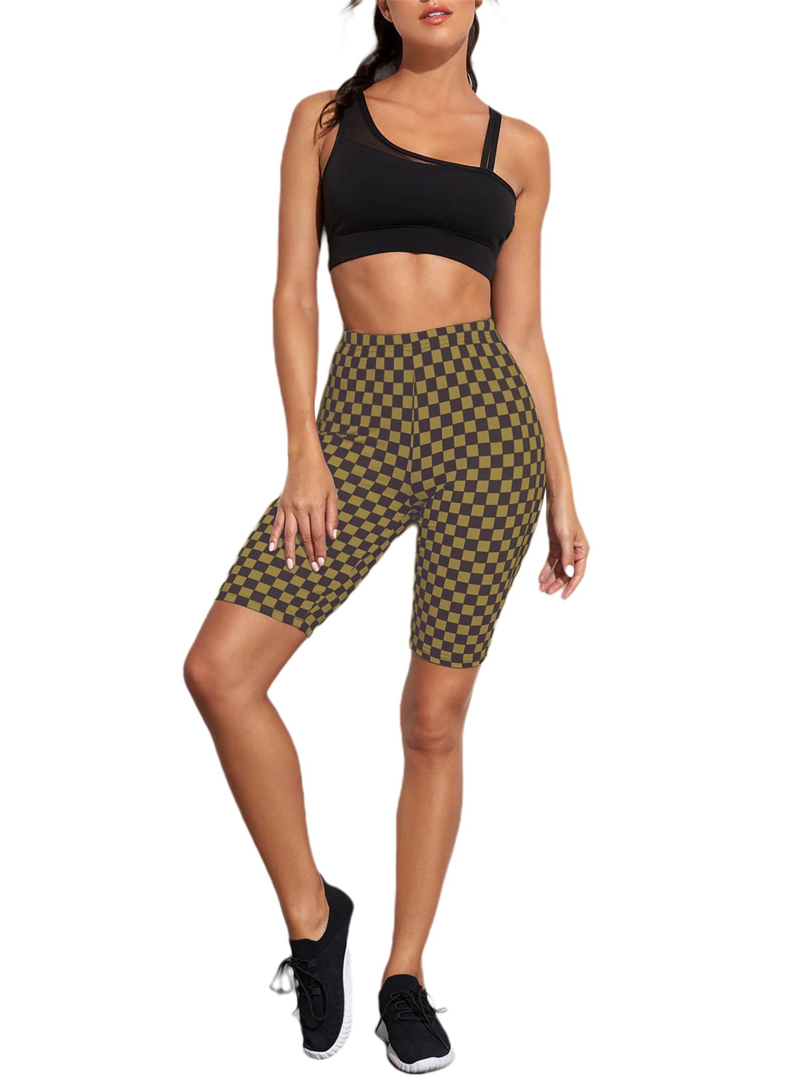 LilyCoco Womens Checkered Biker Shorts High Waist Gym Shorts Cycling Workout Yoga Short Tights Brown Checkered Medium
