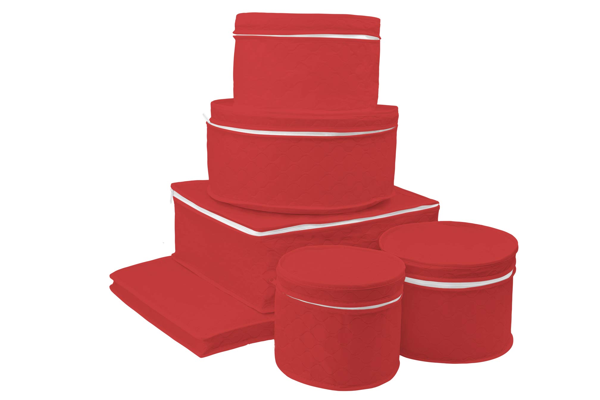 LAMINET 6 Piece Quilted Dinnerware Storage Starter Set - Includes 4 Plate Cases, 1 Cup Case & Platter Case - RED