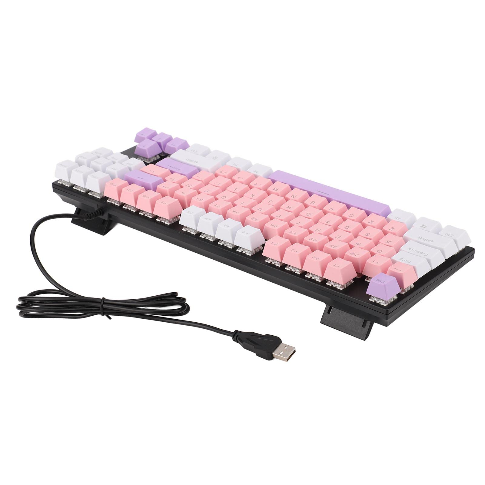 Mechanical Gaming Keyboard, Keyless Conflict Gaming Keyboard with 87 Keys Color Lock for Laptop (Pink Purple)
