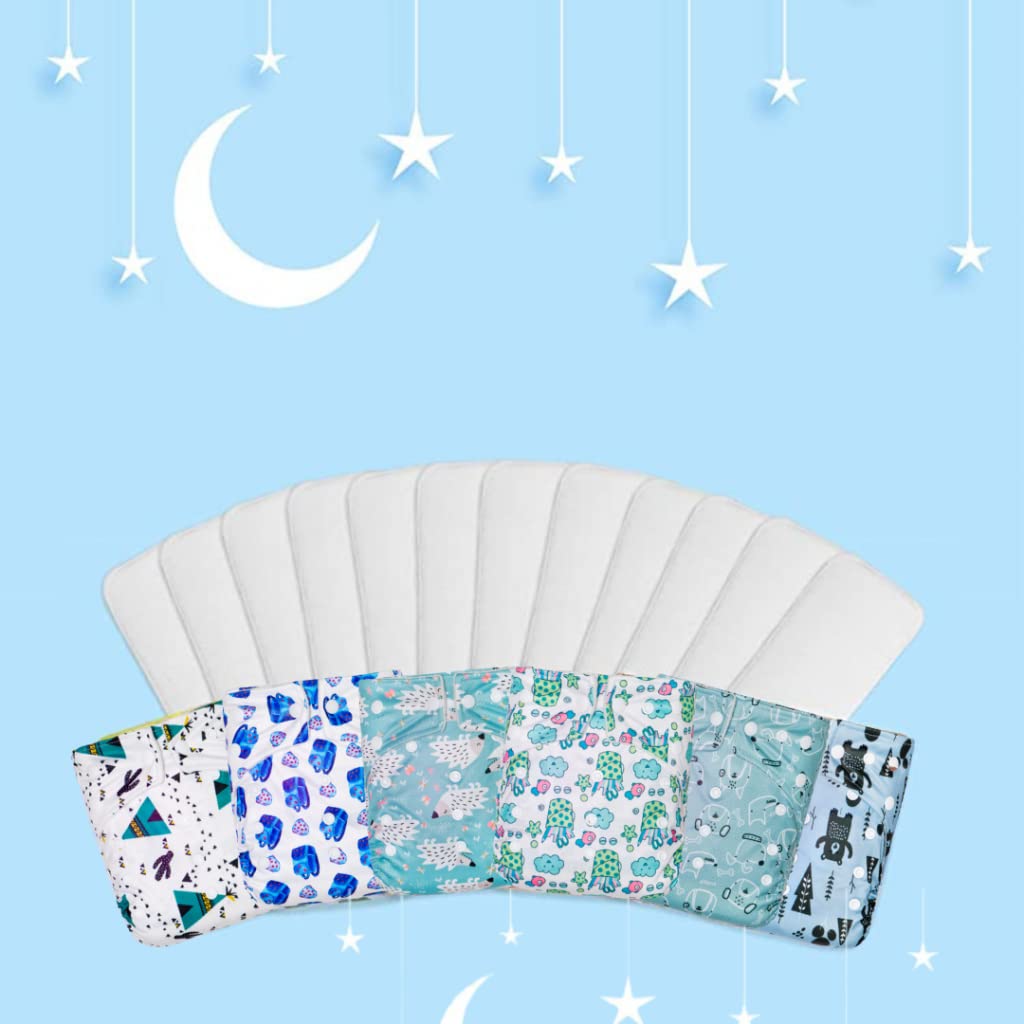KaWaii Baby Overnight Nighttime Cloth Diapers- 6 One Size Heavy Wetters with 12 Highly Absorbent Inserts, Leakfree, Reusable Nappies for Babies 8-36 lbs