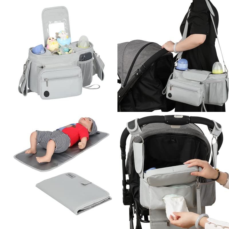 NANAY'S Stroller Bag Organizer with Foldable Baby Changing Pad, Newborn Essentials Insulated Cup Holder Diaper Bag Backpack For Girl And Boy Wipes Dispenser Diaper Caddy Umbrella Pet Storage, Silver