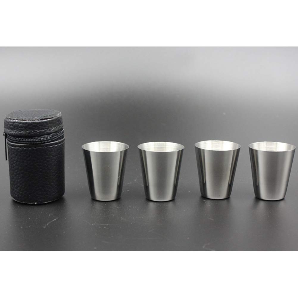 lasenersm 4 Pieces 30ml (1oz) Stainless Steel Shot Cups Shot Glass Drinking Vessel with One Black PU-Leather Carrying Case Outdoor Camping Travel Coffee Tea Cup, Silver Cup, Black Case