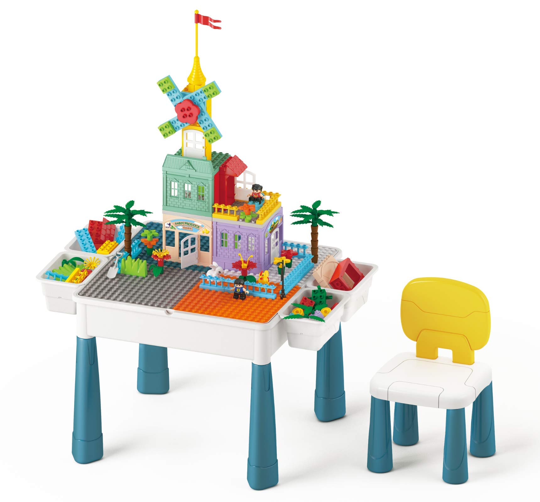 HOMETALL Blocks Table with Storage & Chair for Kids Ages 4-8, Multi Activity Table Set for Toddlers Building, Drawing and Dining, Children Play Table Include 144Pcs Compatible Bricks Toy