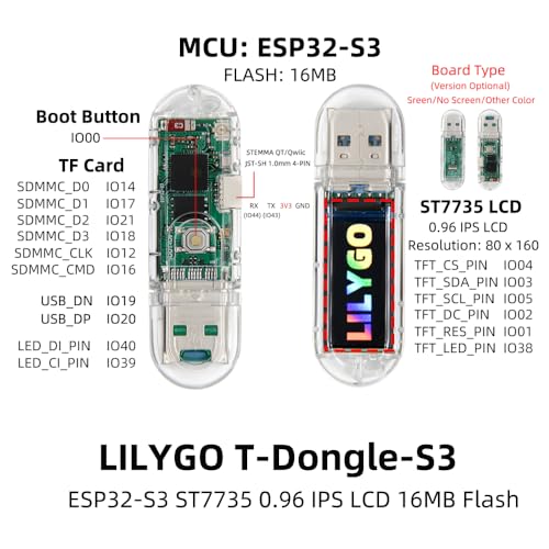 LILYGO T-Dongle-S3 ESP32-S3 TTGO Development Board with Screen Dongle 0.96 inch ST7735 LCD Display TF Card