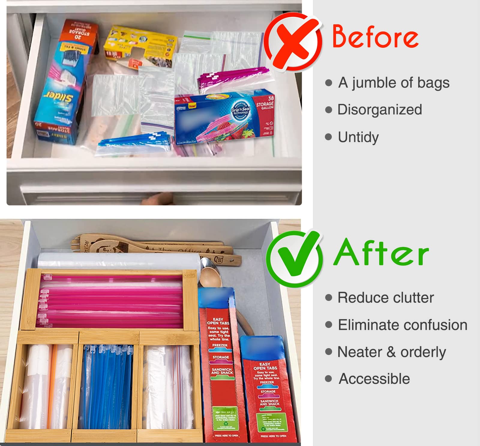 IVONNEY Bag Storage Organizer, Bamboo Food Storage Plastic Bag Organizer Drawer, Sandwich Bag Holder, Snack Gallon Quart Baggie Organizer Fit for Ziploc Hefty Glad Solimo Bags
