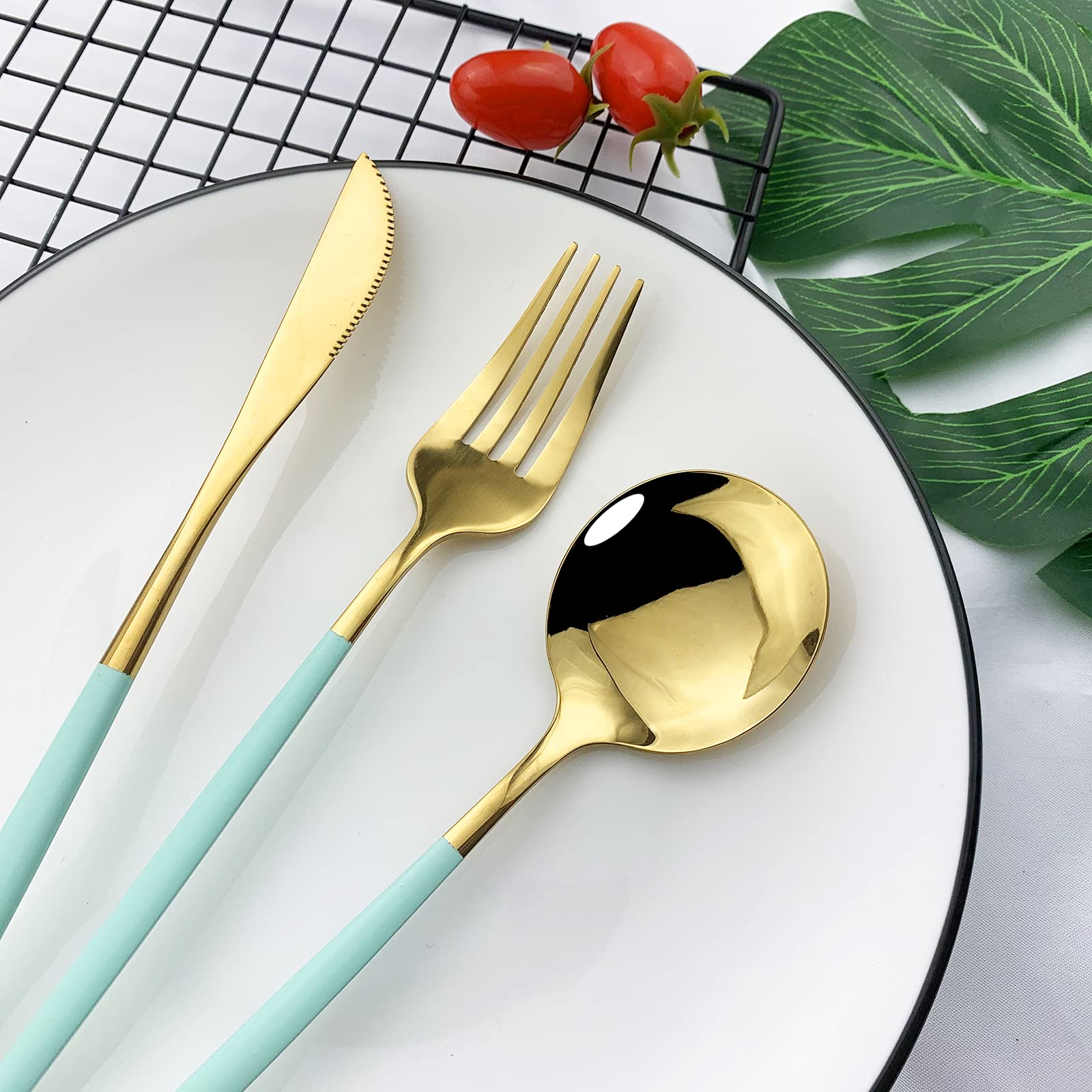JASHII Flatware Serving Set 24 Piece, Stainless Steel Silverware Set, Mint Green Gold Cutlery Set, Modern Elegant Tableware Set for Party, Christmas, Dinner (Mint Green Gold)