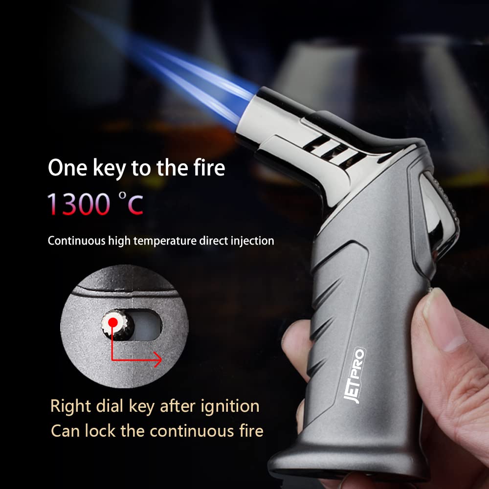 JETPRO Butane Torch with Fuel Gauge Refillable Kitchen Torch Lighter with Fire Locking Device and Adjustable Flame One-Handed Operation Blow Torch for Grill, BBQ(Butane Gas is Not Included) (Gray)